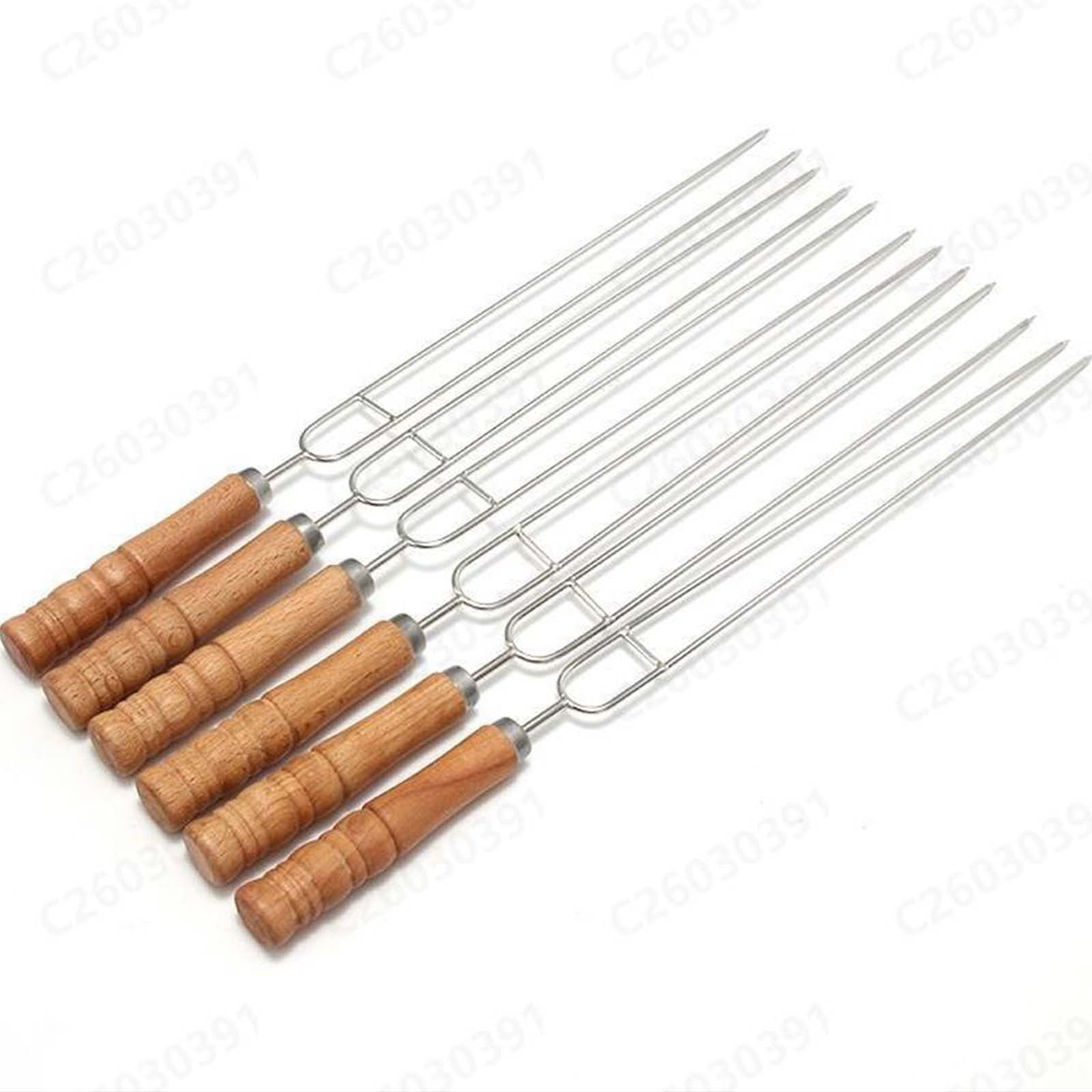 6 Pack Stainless Steel BBQ Skewers with Wooden Handle Flat Barbecue ...
