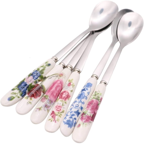 6 Pack Stainless Steel Coffee Spoon Ceramic Handle Teaspoon Sugar Ice ...