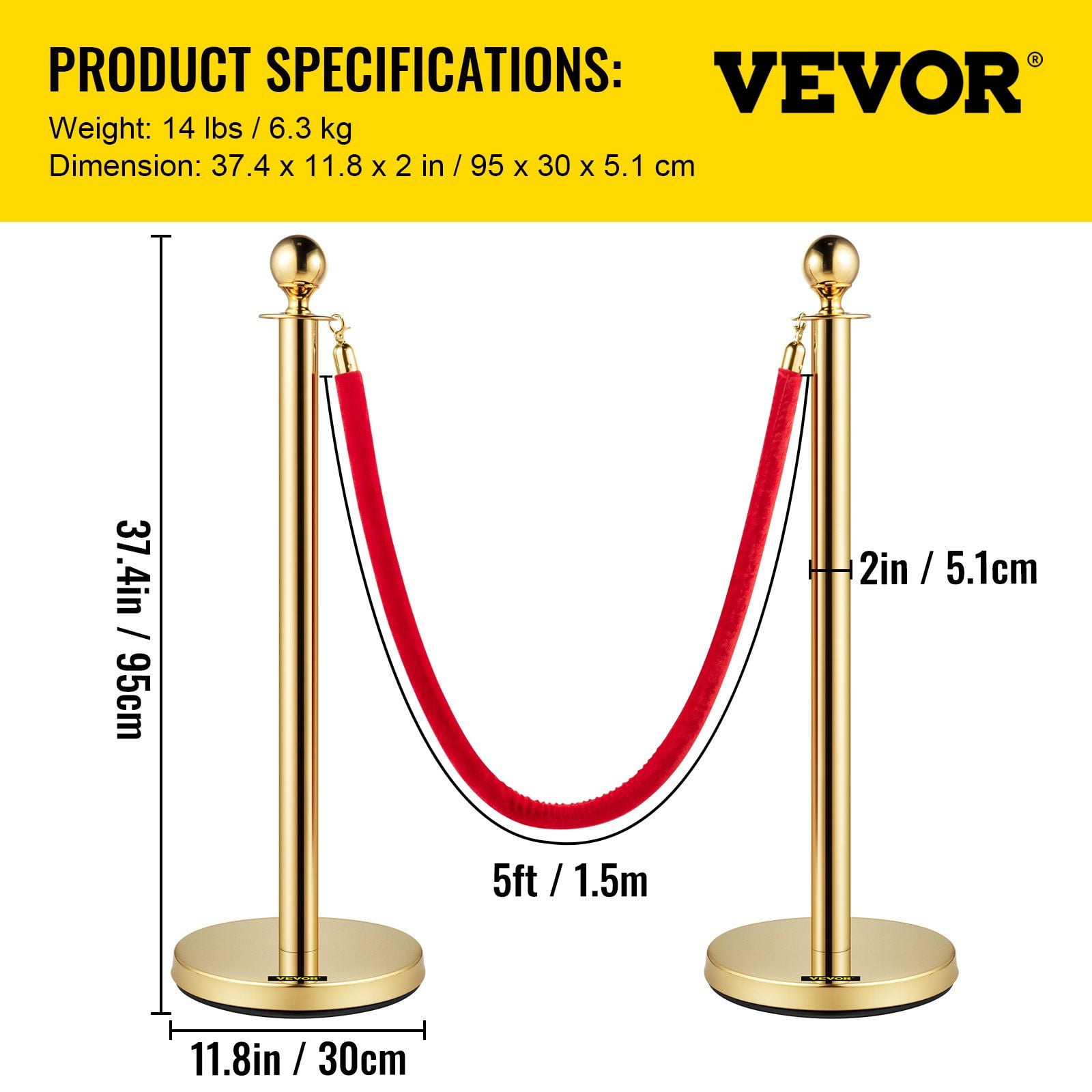 6-Pack Stainless Steel Gold Stanchion Posts with Red Rope - 38In ...