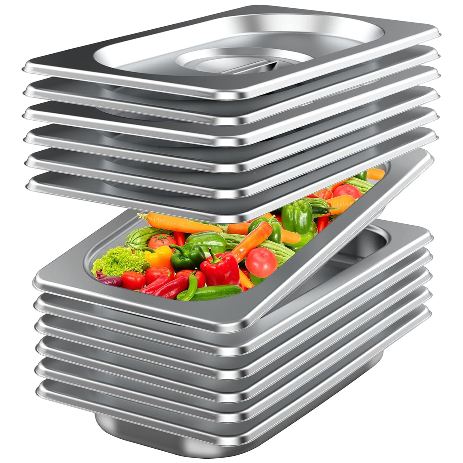 6 Pack Stainless Steel Hotel Pan With Lids 1/4 Size 2.5 Ince Deep Steam ...