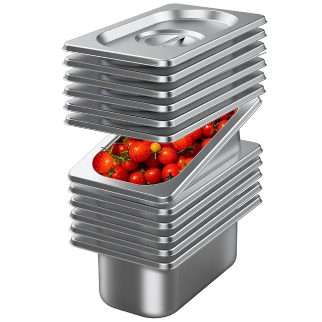 6 Pack Stainless Steel Hotel Pan With Lids 1/9 Size 2.5 Ince Deep Steam ...