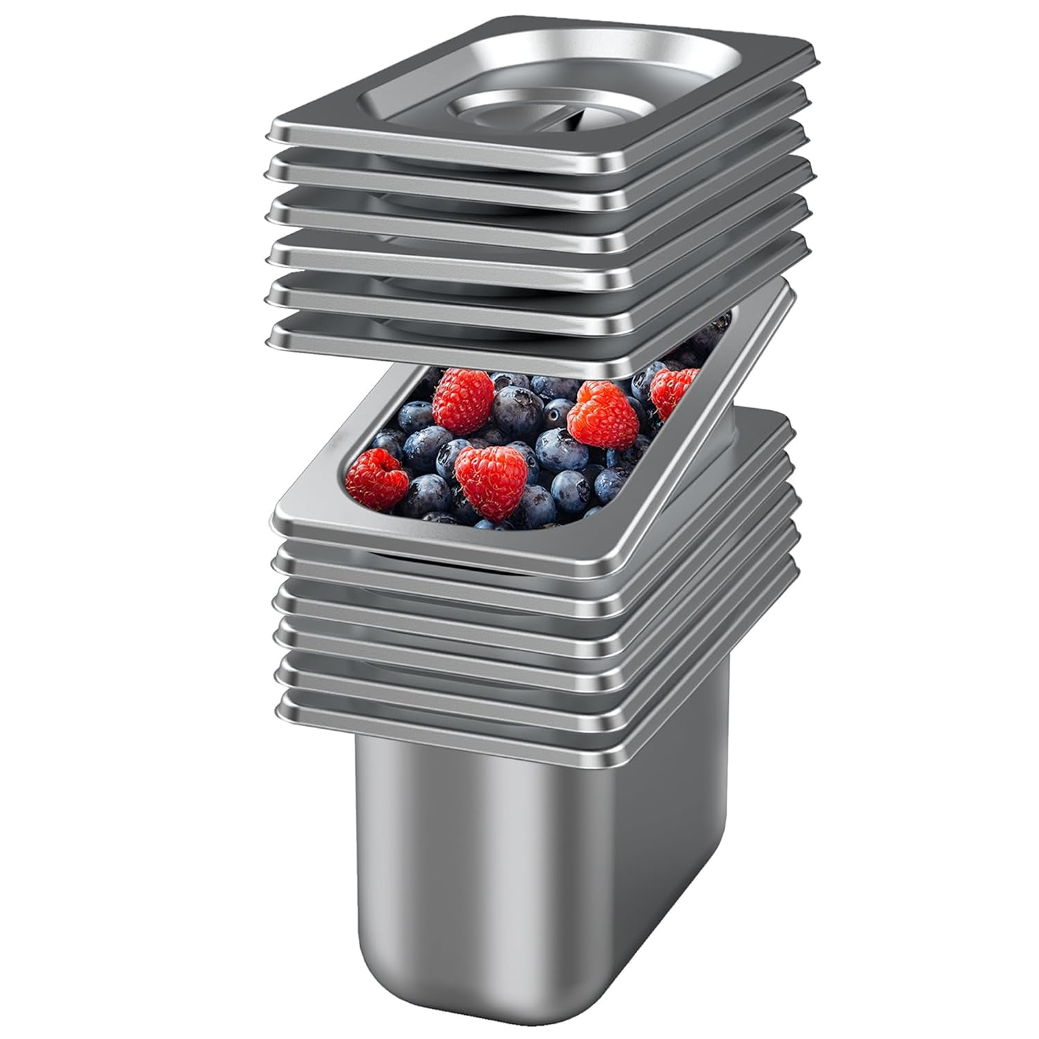 6 Pack Stainless Steel Hotel Pan With Lids 1/9 Size 4 Ince Deep Steam ...