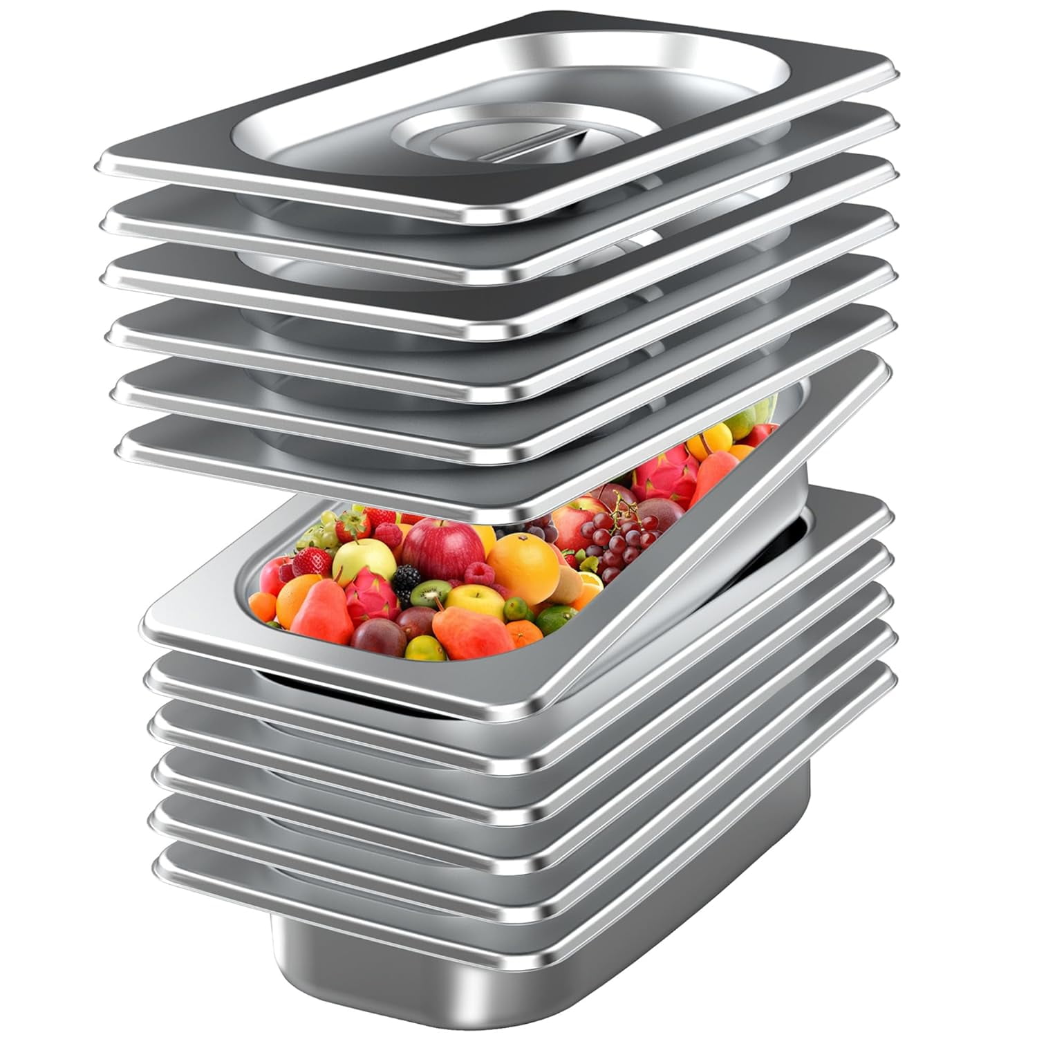 6 Pack Stainless Steel Hotel Pan With Lids Full Size 4 Ince Deep Steam ...