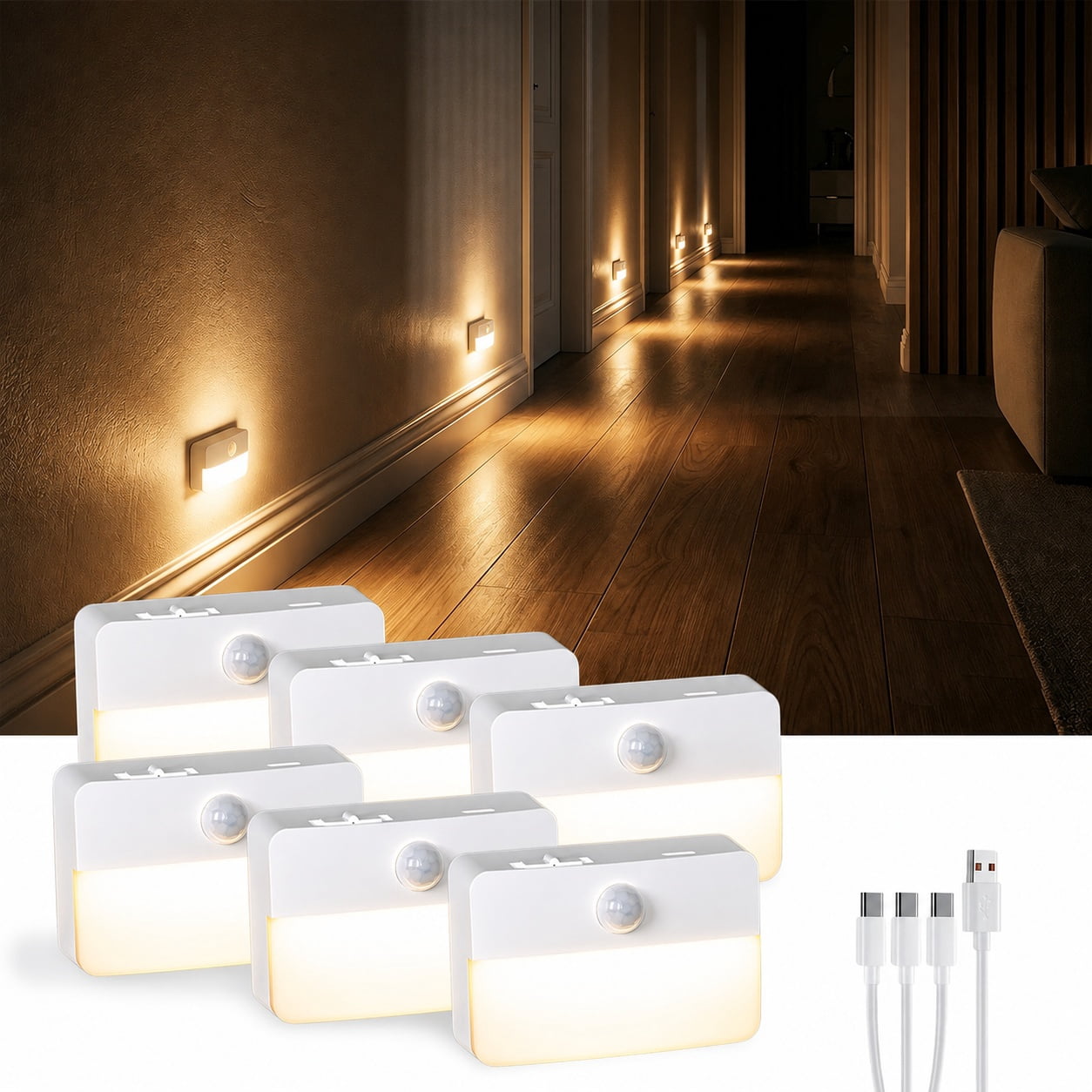 6-Pack Rechargeable Motion Sensor Stair Lights Indoor, Wireless LED ...