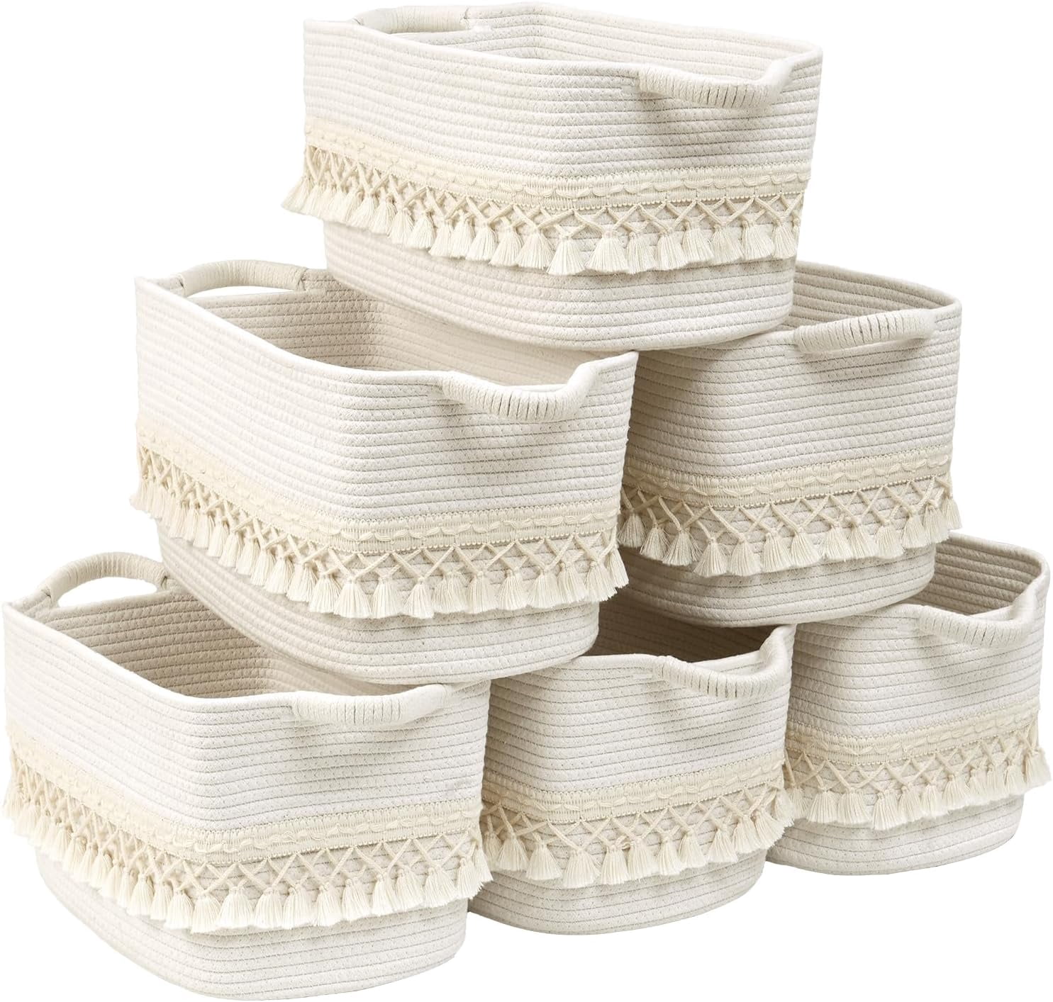 6 Pack Storage Basket, Heavy Tassel Woven Baskets for Storage, Cotton ...