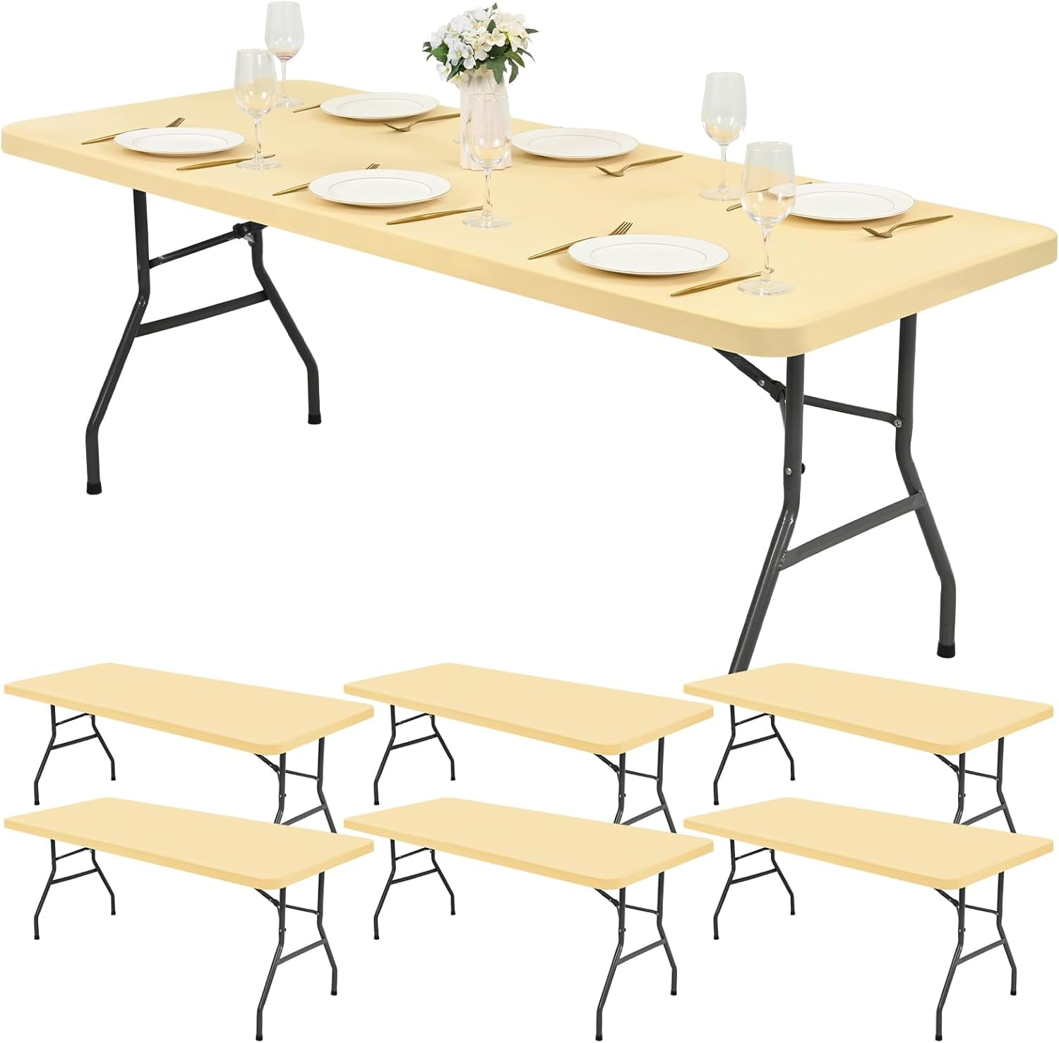 6 Pack Stretch Fabric Table Top Cap Cover, Beige Table Covers fits 6Ft ...