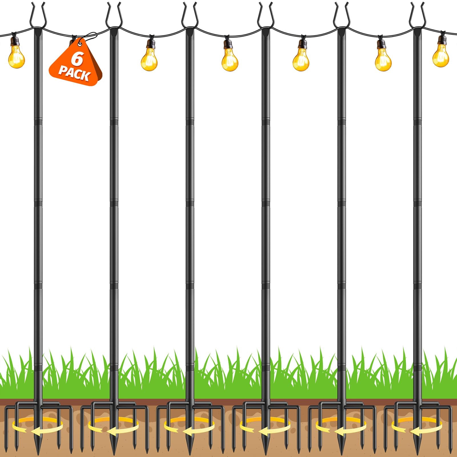 6 Pack String Light Poles - 10FT Light Poles for Outside with Fork Base ...