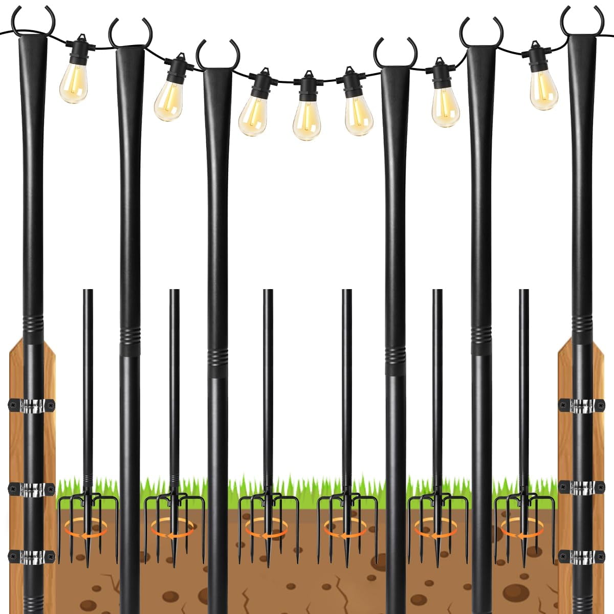 6 Pack String Light Poles for Outside, 10ft Metal Light Poles for ...