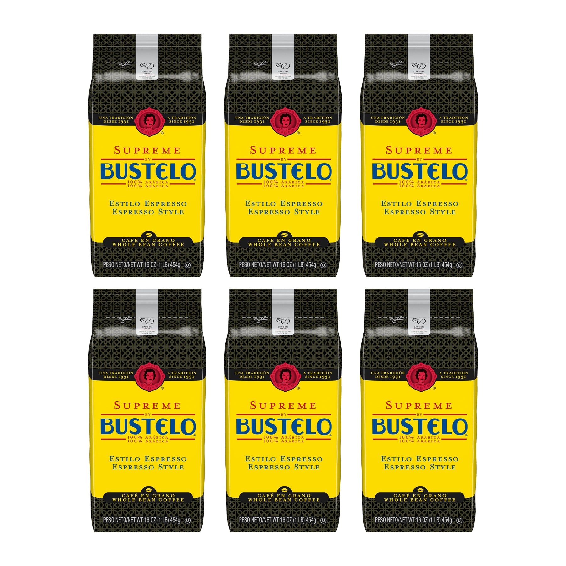 (6 Pack) Supreme by Bustelo Espresso Style Dark Roast, Whole Bean ...