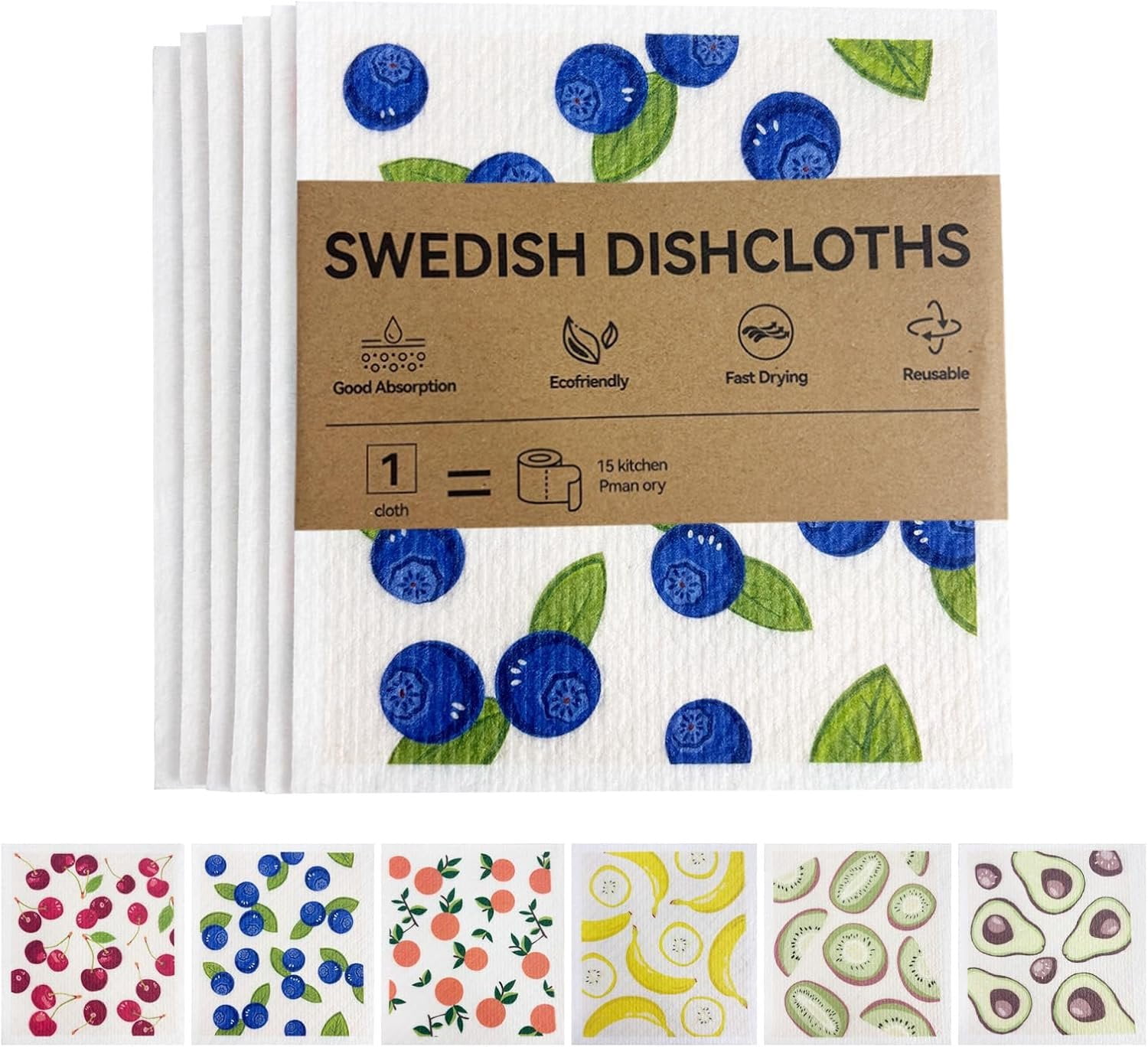 6 Pack Swedish Dishcloths - Super Absorbent, & Kitchen Towels (Fruit ...