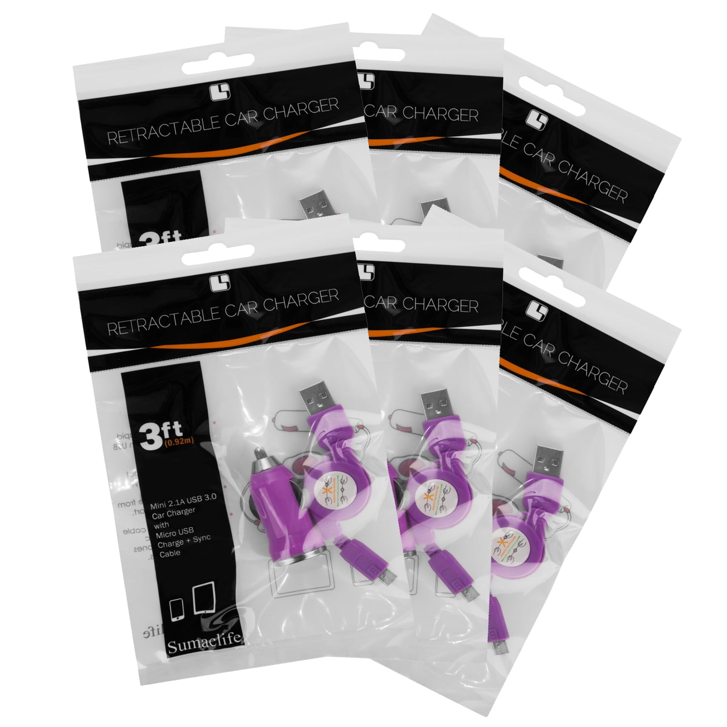 6 Pack Tangle-Free Retractable Micro USB Car Charging Cable For ...