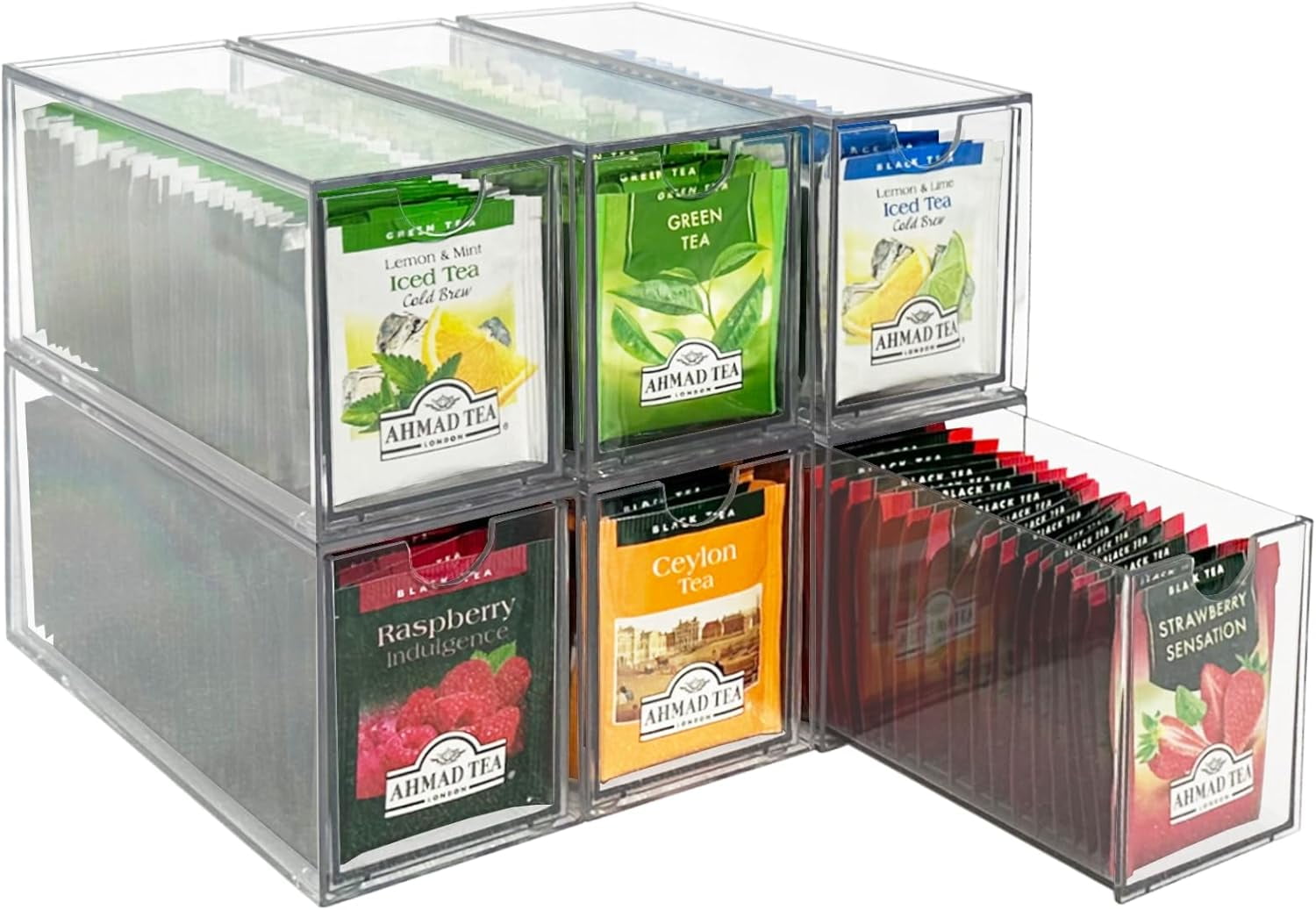 6-Pack Tea Bag Drawers Organizer - 6 Clear Plastic Drawer Tea Bag ...
