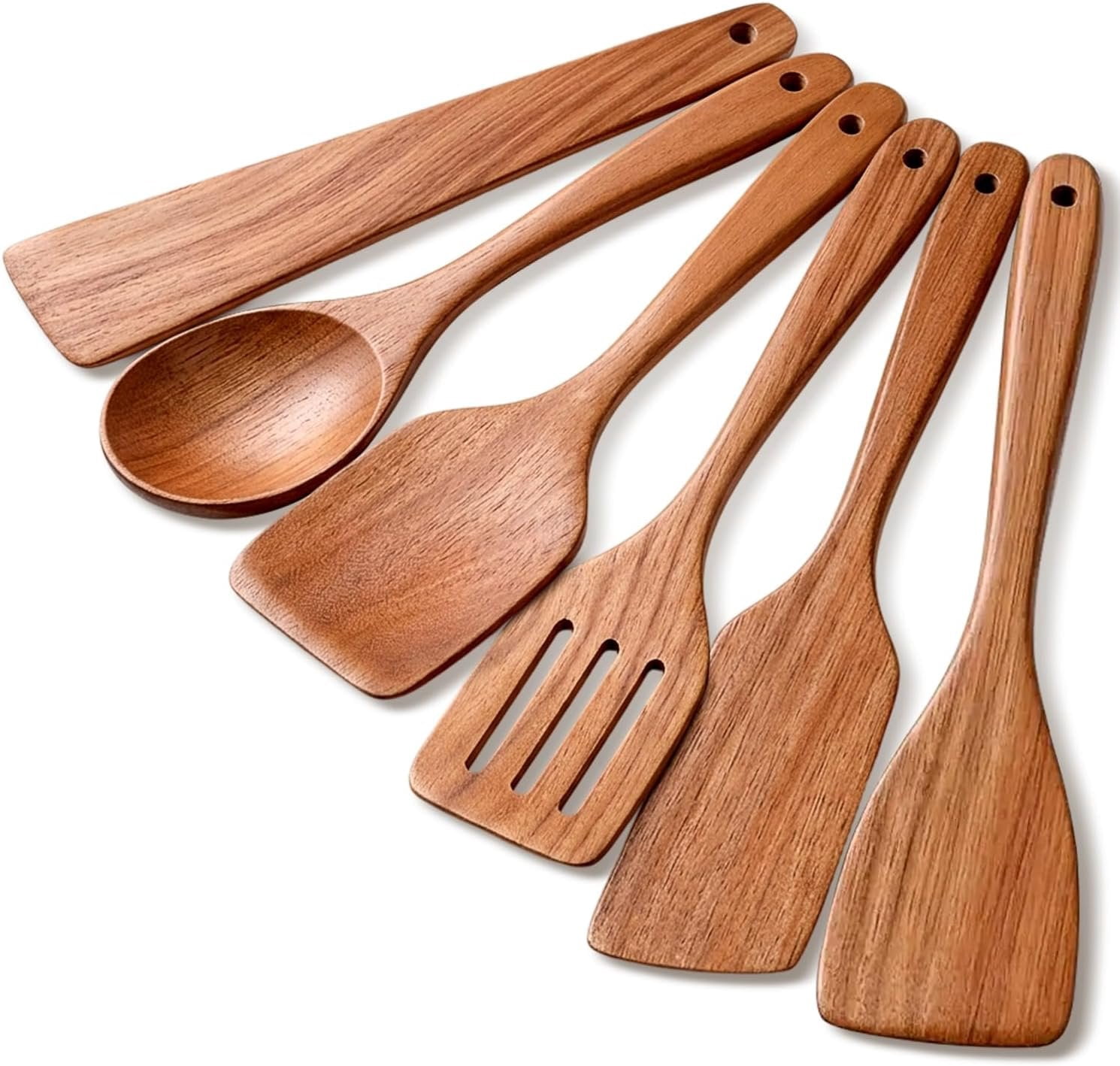 6 Pack Teak Wooden Spoons for Cooking Utensil Set Non Spatula Slotted ...