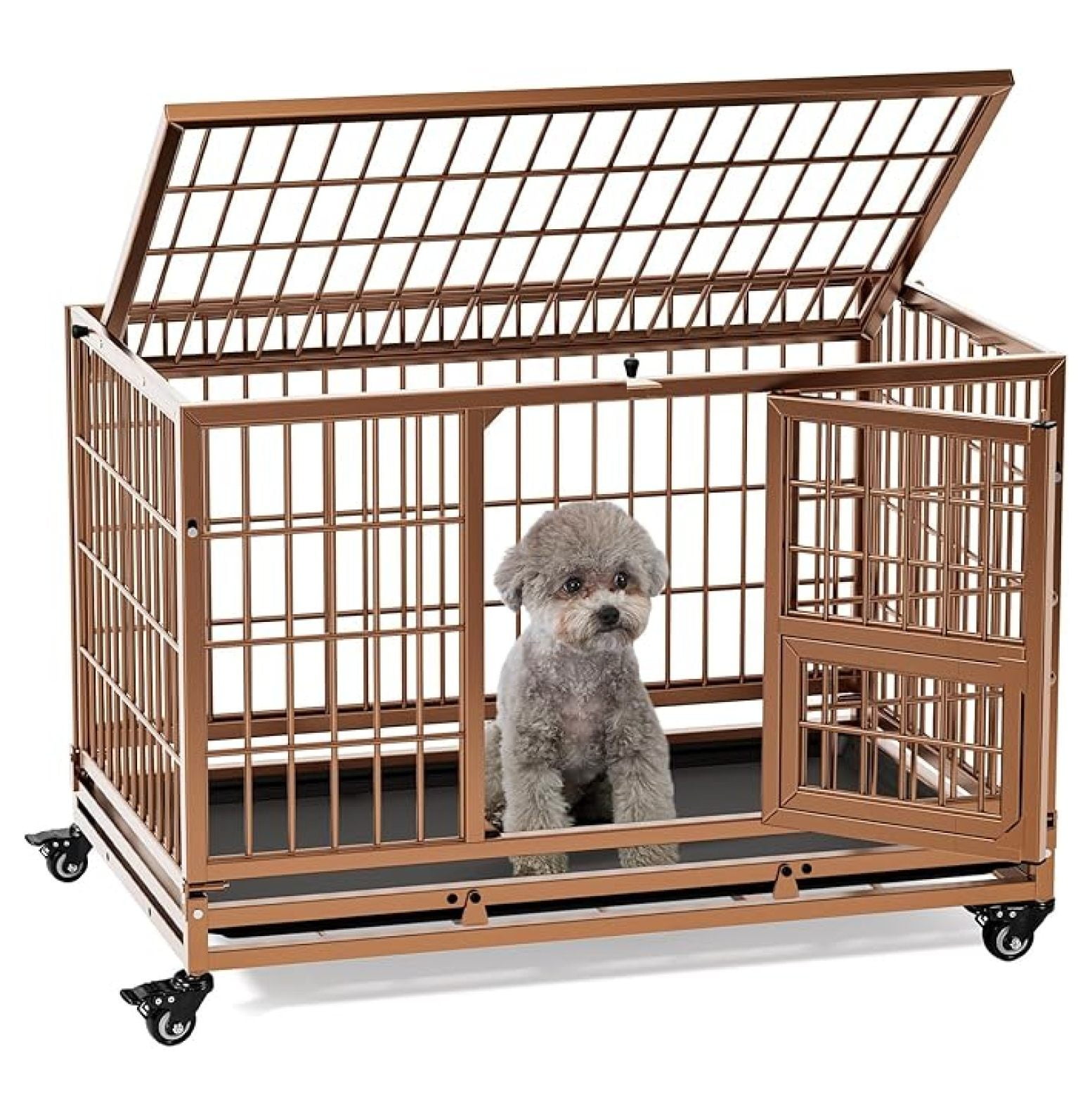 32 Inch Heavy Duty Dog Crate with Wheels, Folding Metal Dog Cage for ...