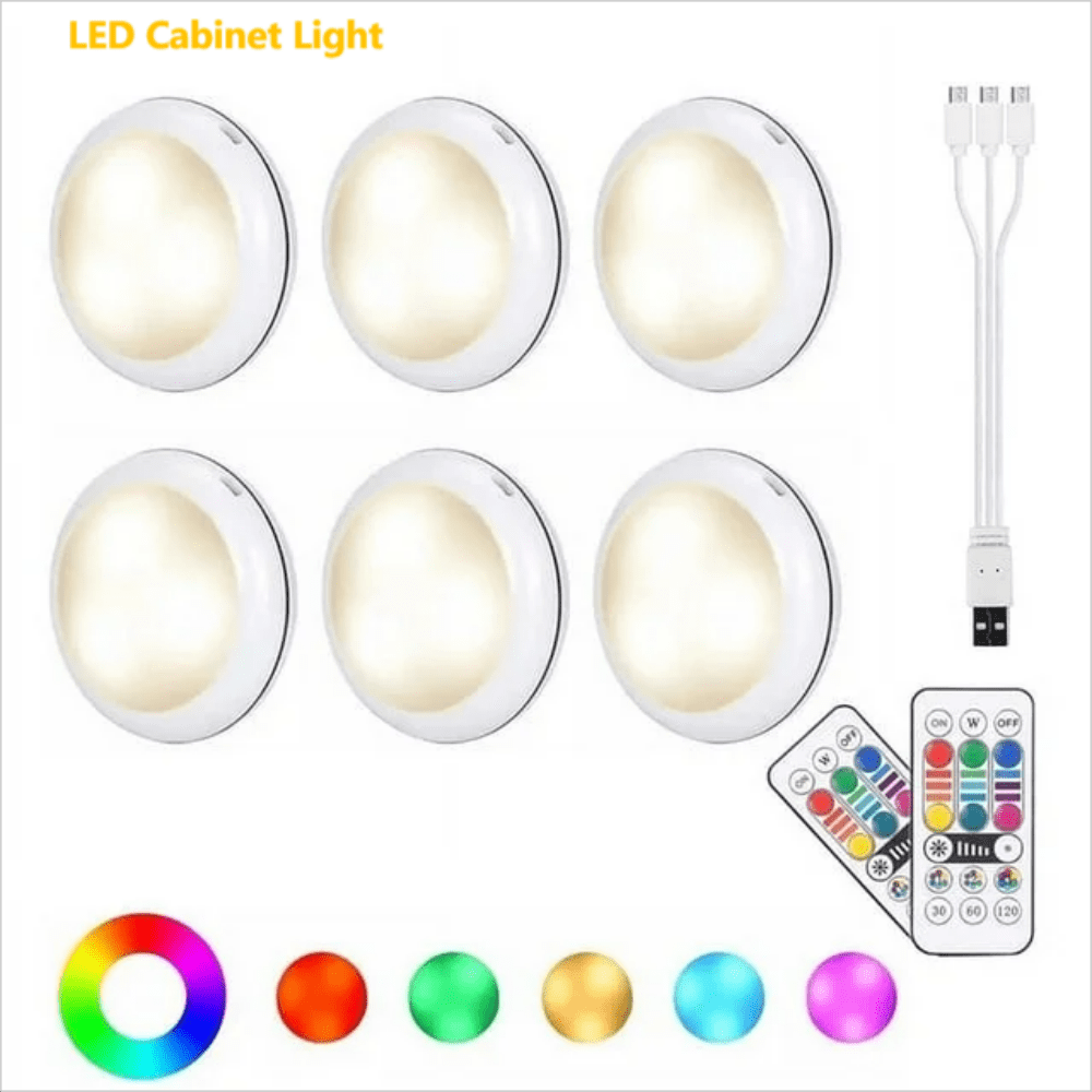 6-Pack USB Rechargeable RGBW LED Cabinet Light Puck Lamps - 16 Colors ...