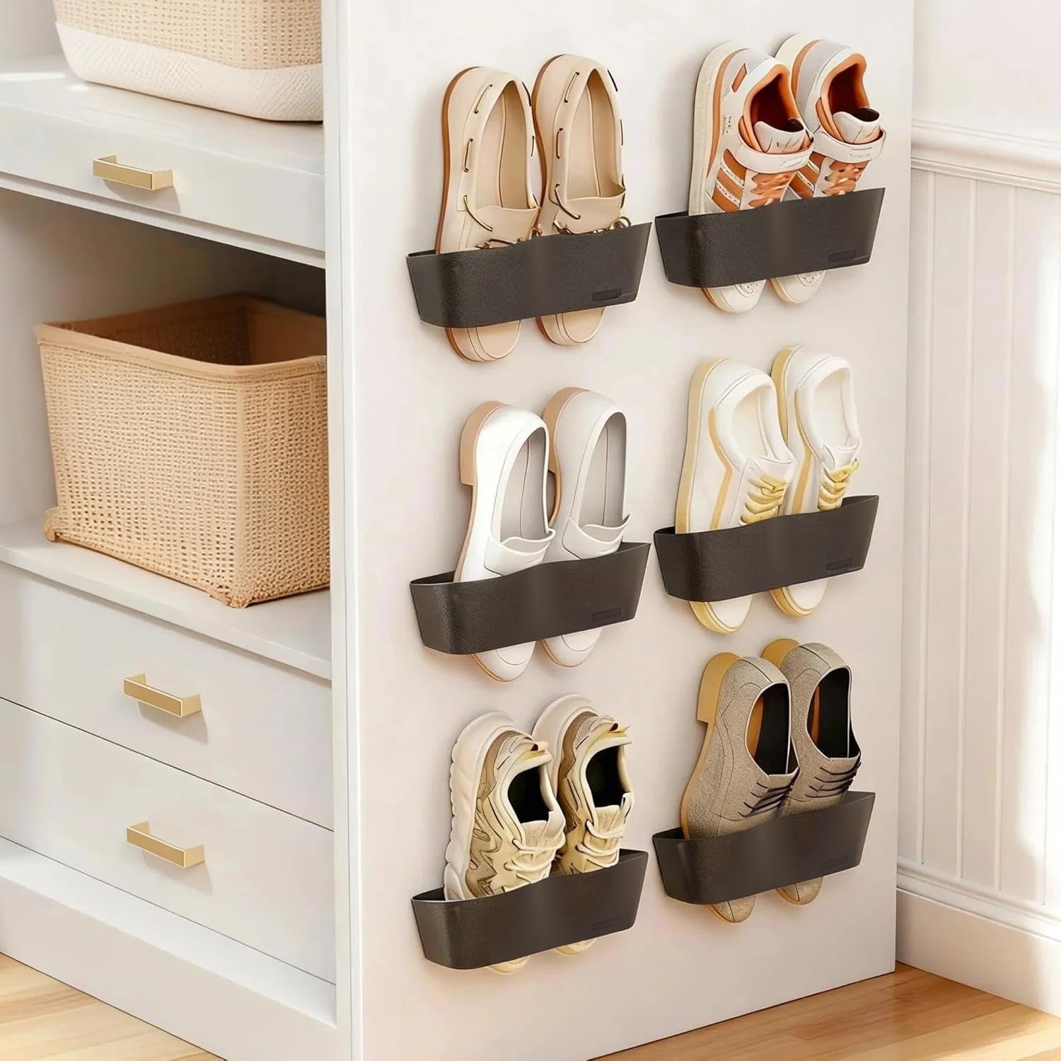 6-Pack Wall Mounted Shoe Rack with Sticky Strips, Space Saving Hanging ...
