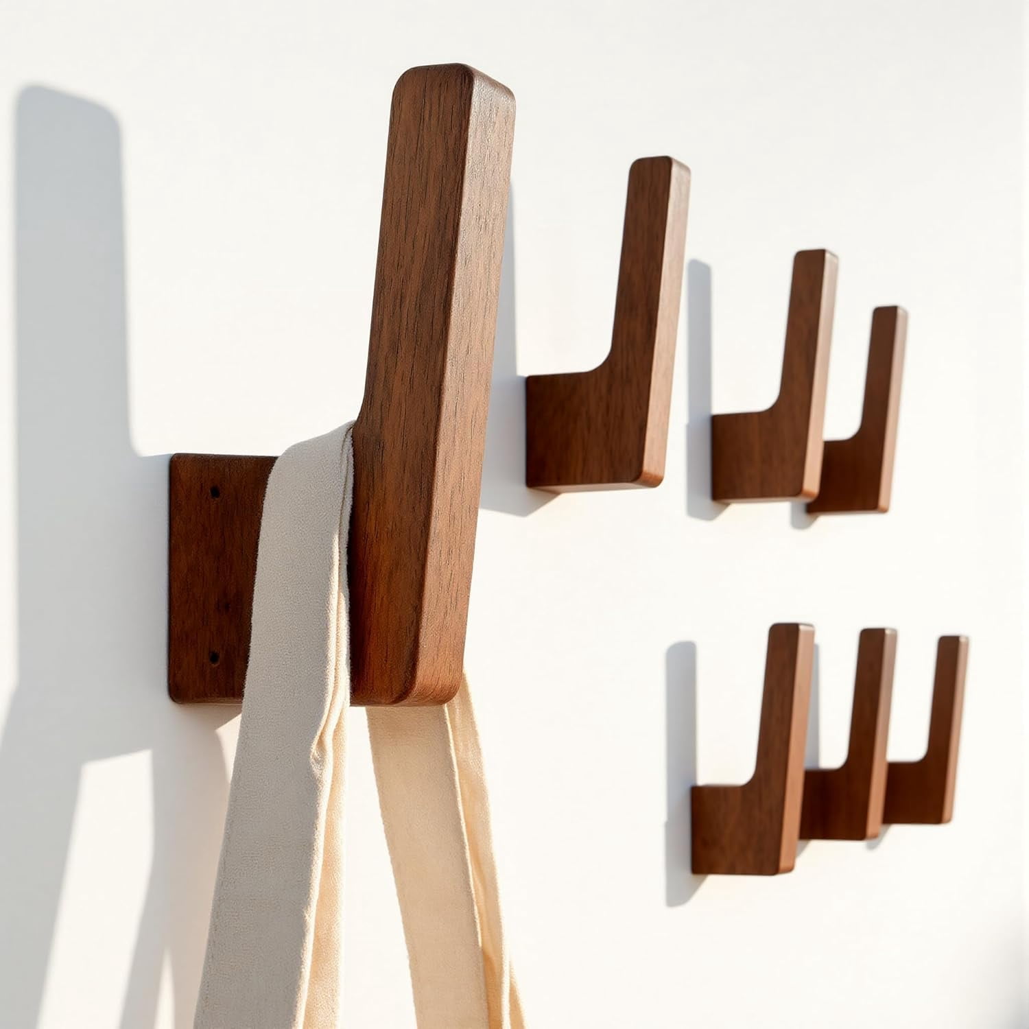 6 Pack Walnut Wood Wall Hooks – Handcrafted Solid Wood Hooks for Coats ...