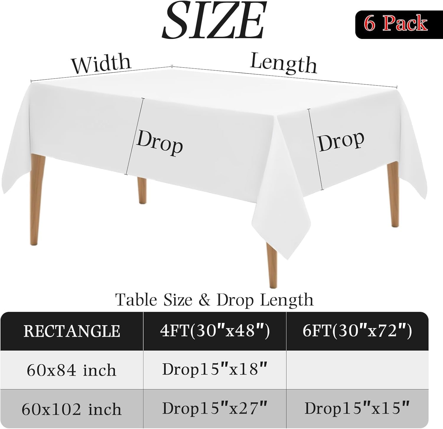 6 Pack Waterproof Rectangle Tablecloth 60 x 102 Inches Heavy Duty Table ...