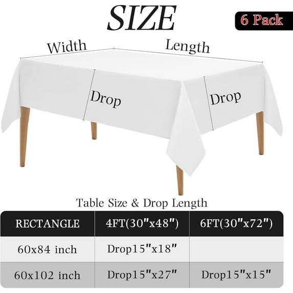 6 Pack Waterproof Rectangle Tablecloth 60 x 102 Inches Heavy Duty Table ...