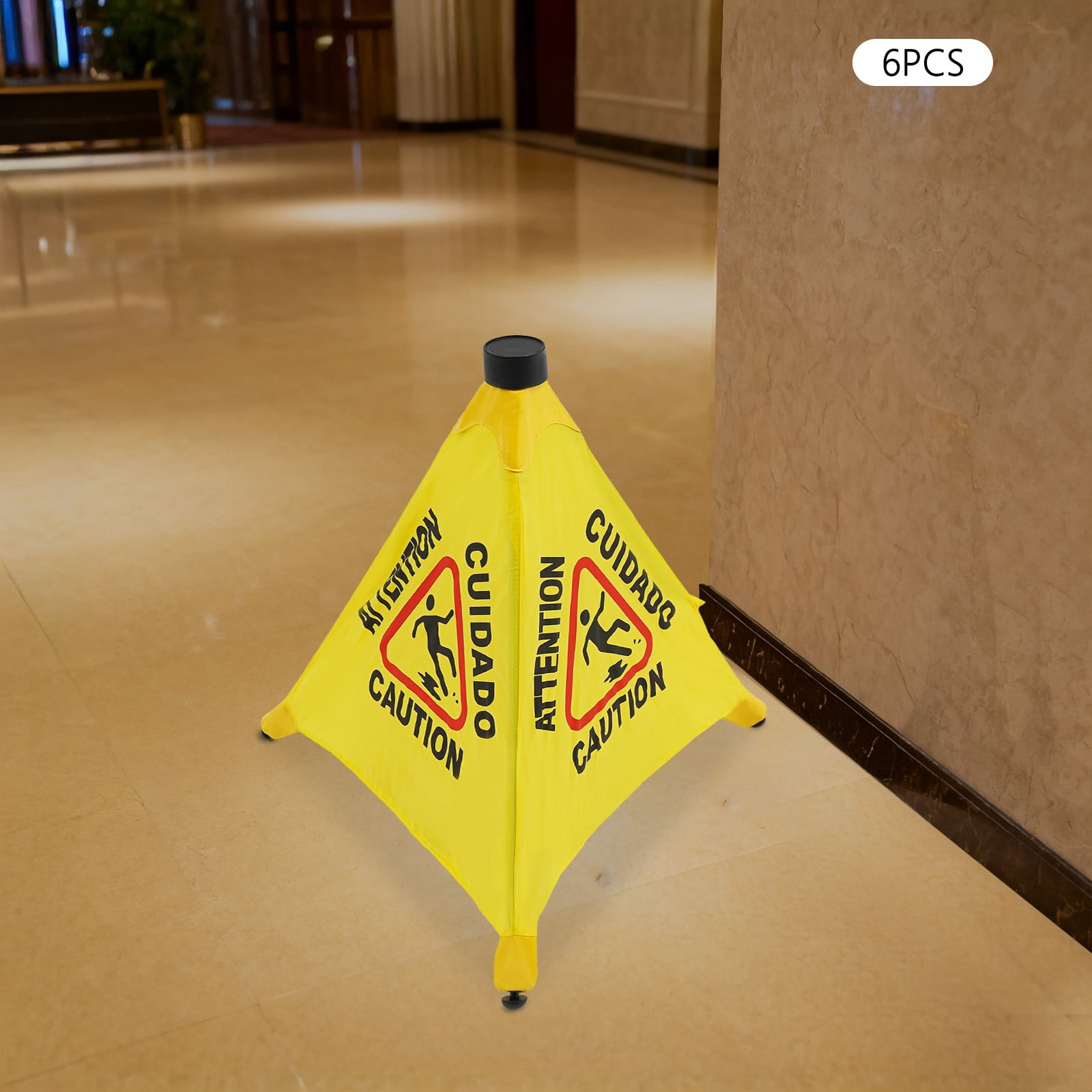6 Pack Wet Floor Sign with Storage Tube 3 Sided Yellow Wet Safety ...