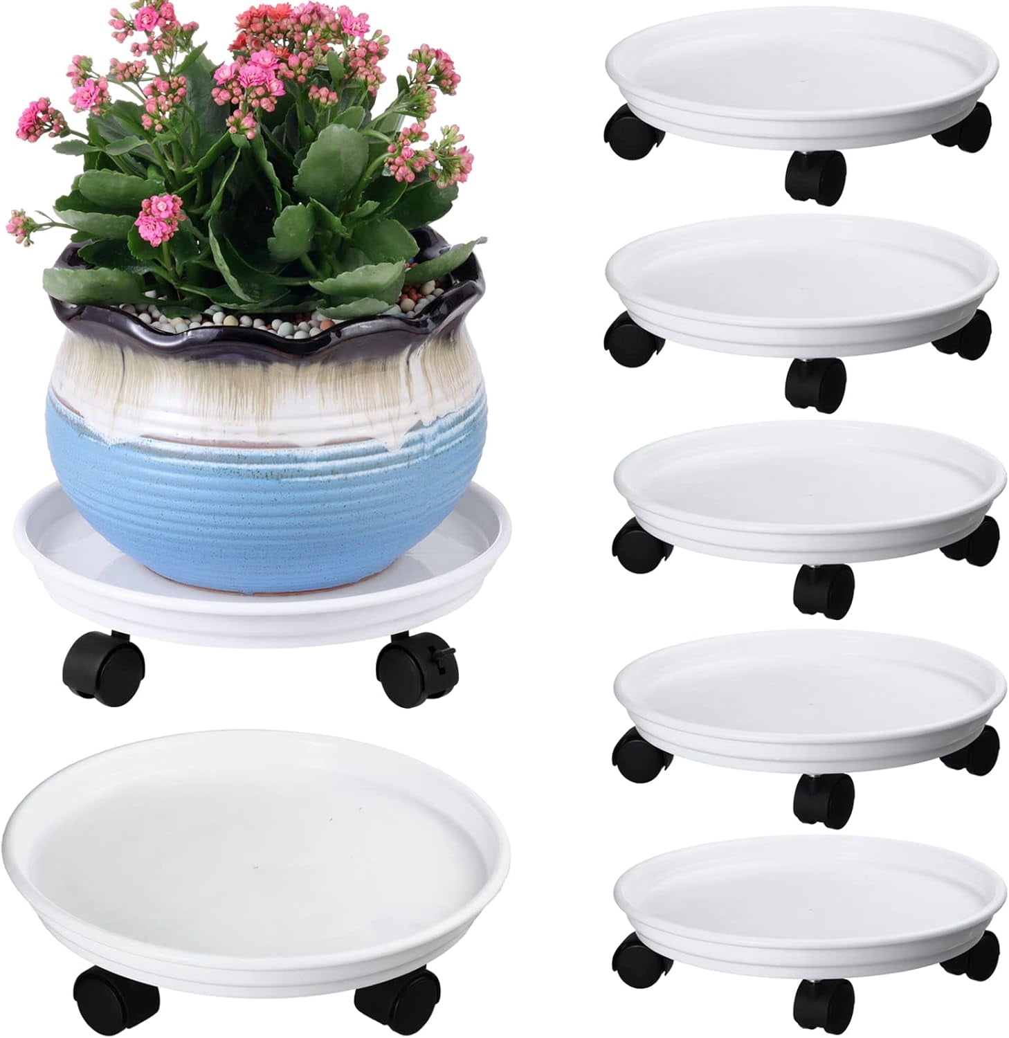 6-Pack White Plastic Rolling Plant Stand with 360-Degree Swivel Wheels ...