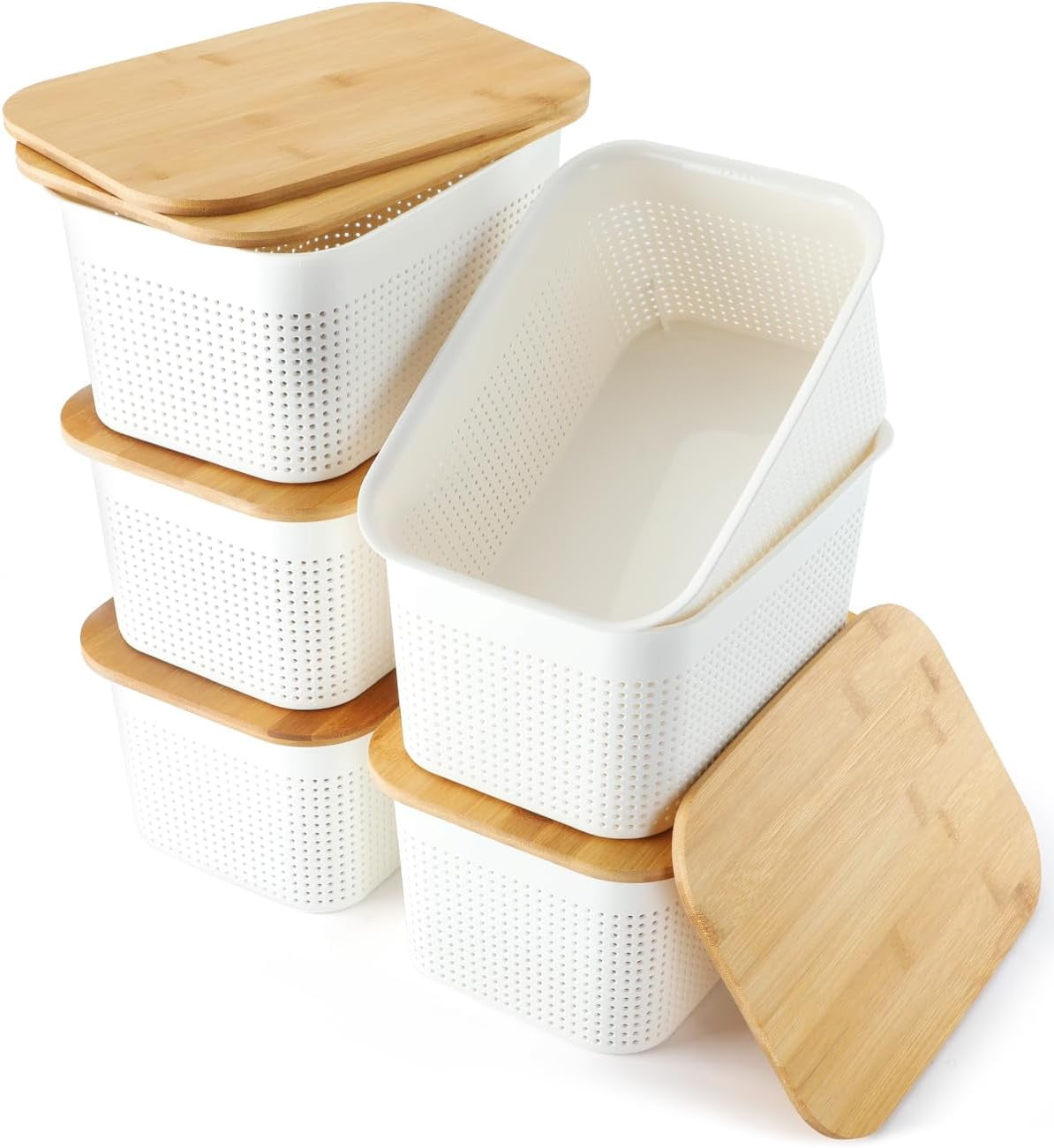 6 Pack White Plastic Storage Bins with Bamboo Lids and Stackable ...
