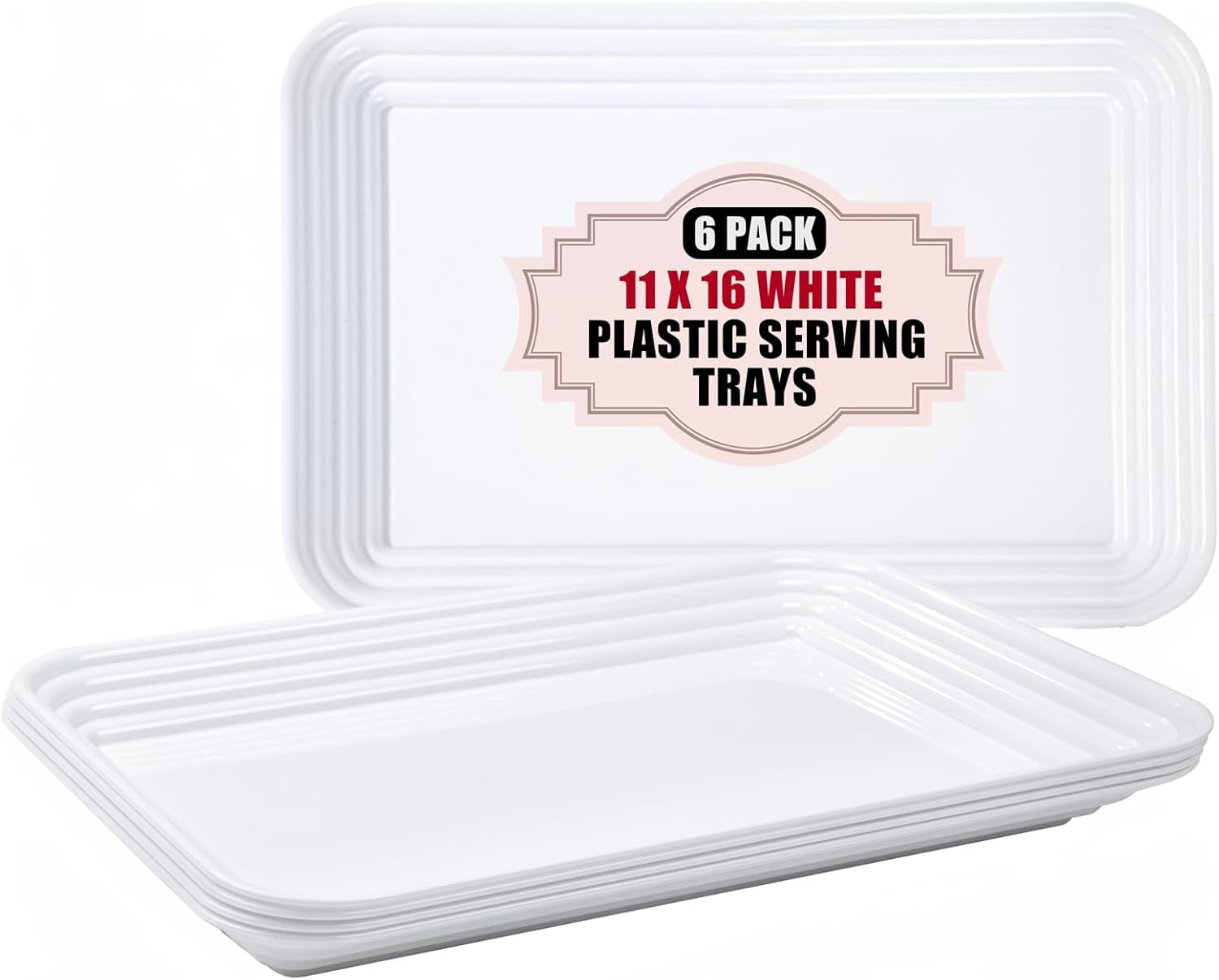 6-Pack White Serving Tray Plastic for Party Supplies, 16" x 11 ...