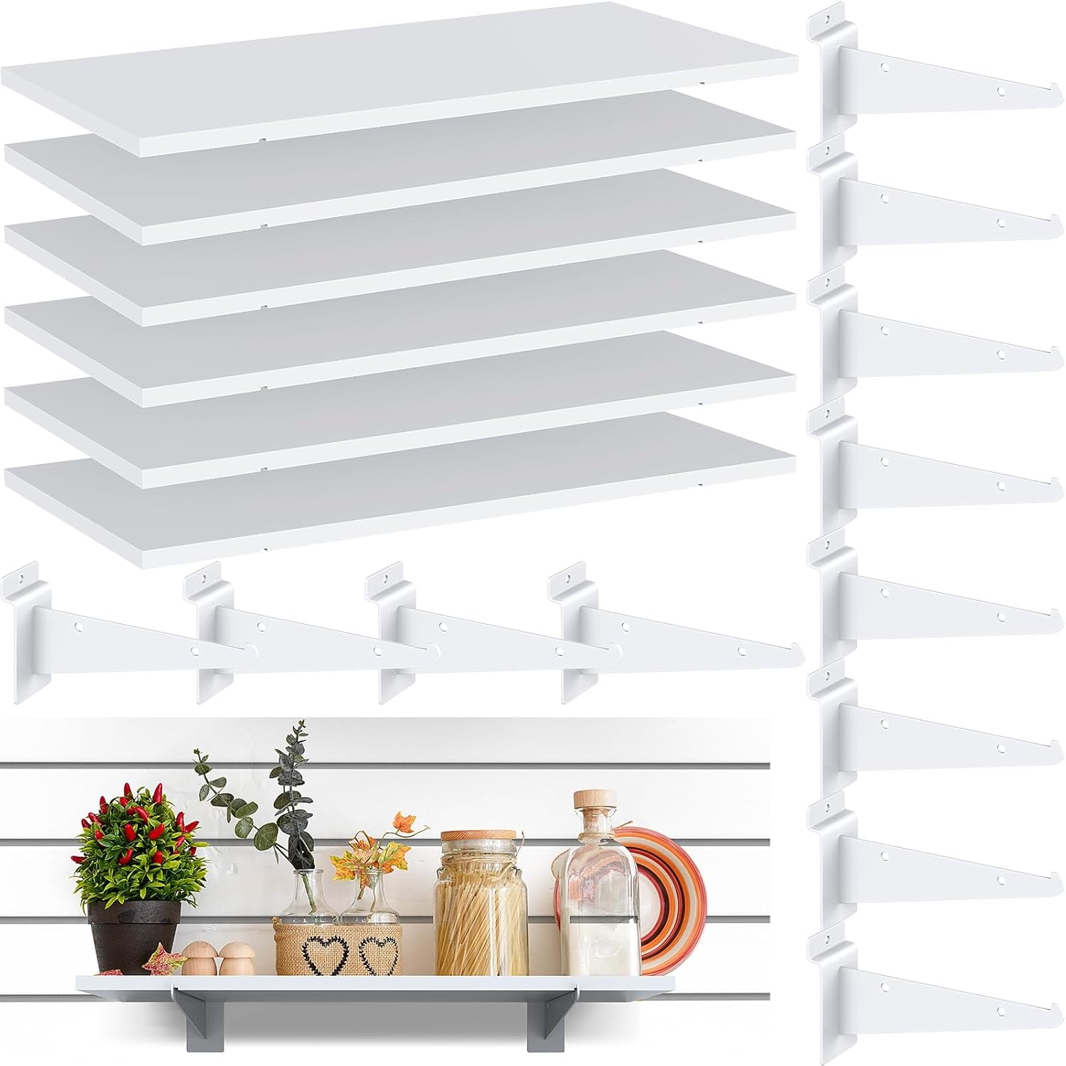 6 Pack White Slatwall Shelf, 15.7" x 6" Wooden Slat Wall Shelves with ...