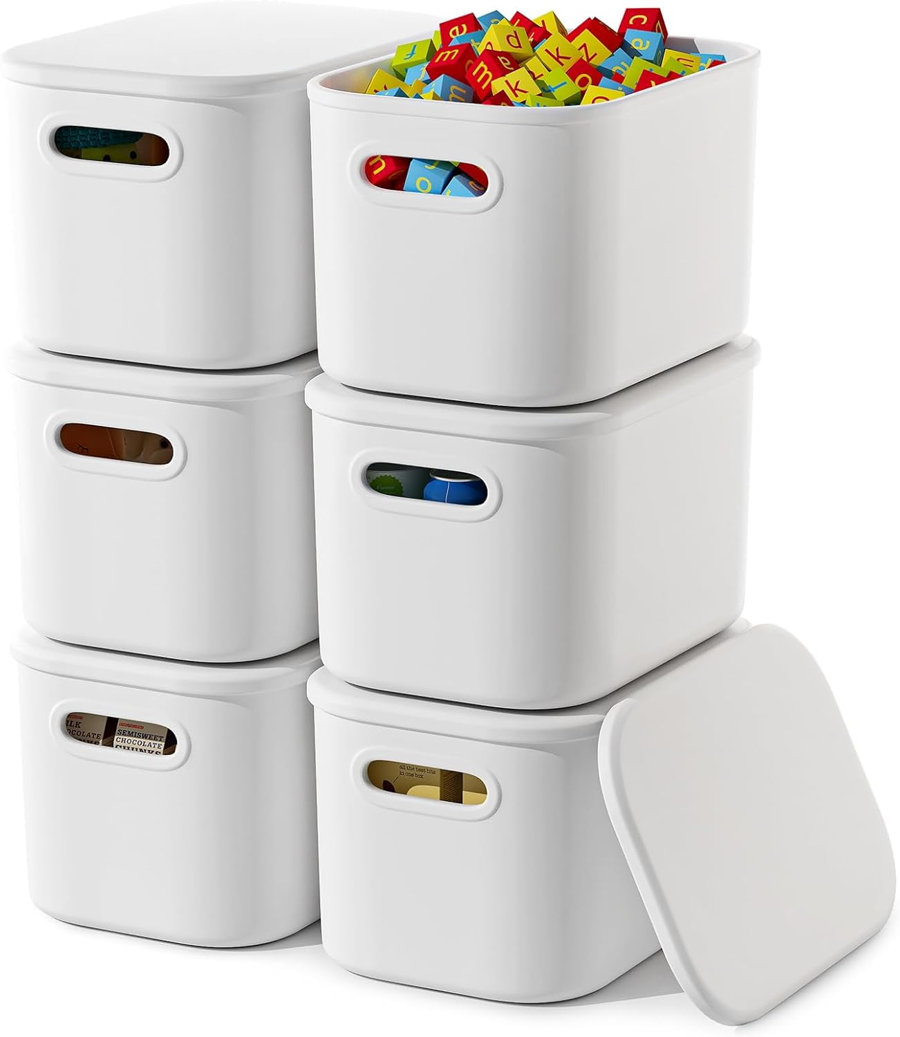 6 Pack White Storage Bins with Lids Stackable Storage Container for ...