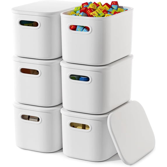 6 Pack White Storage Bins with Lids Stackable Storage Container for ...