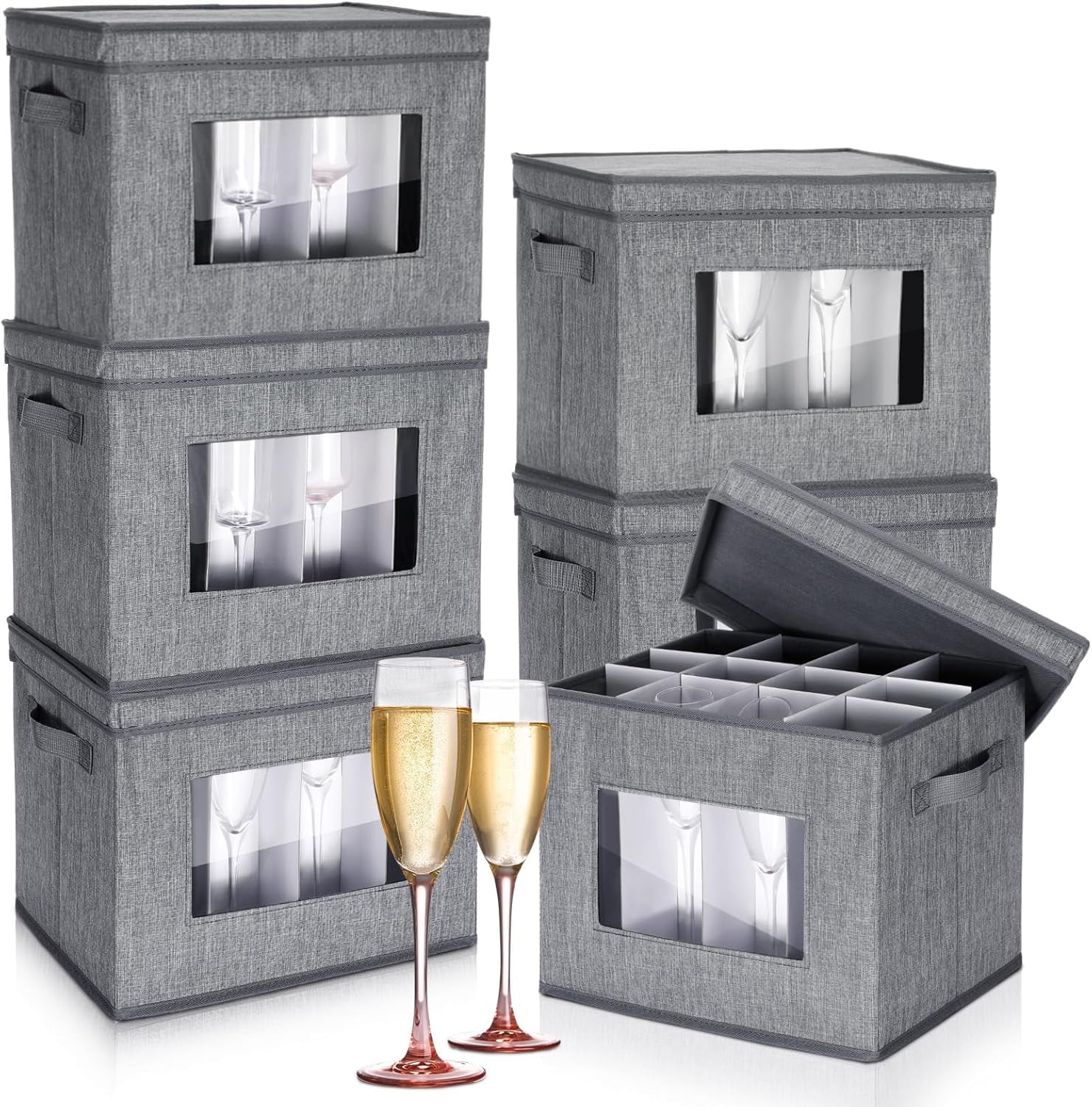 6 Pack Wine Glasses Storage Box with Dividers, 12 Compartments Stemware ...