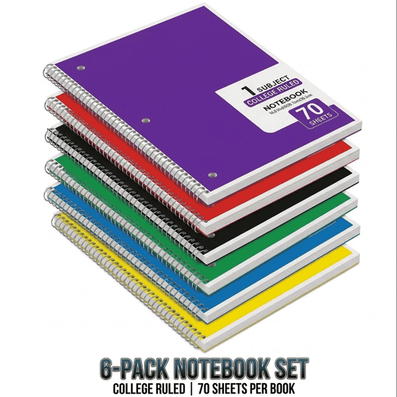 6-Pack Wirebound Project Notebooks 8x10.5", 70 Sheets 7.1mm Ruled, 3 ...