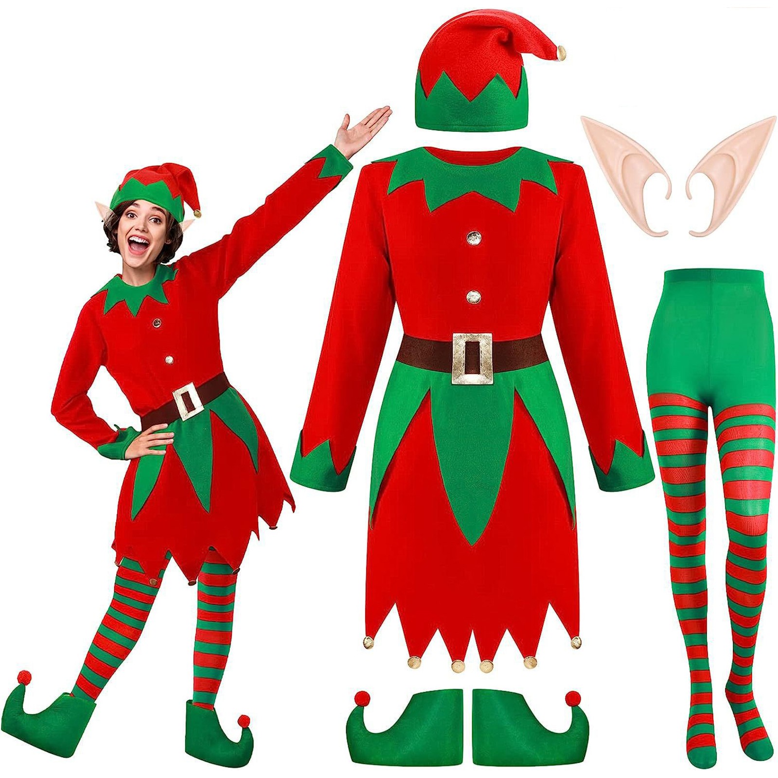 6 Pack Women Christmas Elf Cost-ume Set Velvet Dress Santa's Helper ...