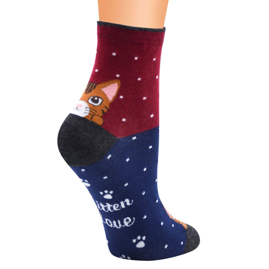 6 Pack Womens Socks Lady Girls Stripe Cat Cotton Middle Tube Socks ...