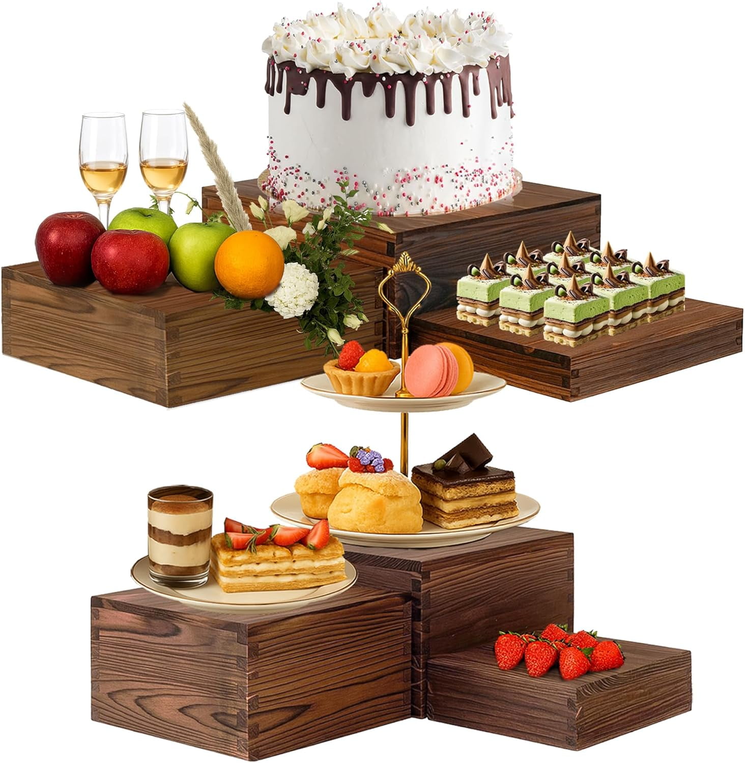 6-Pack Wood Risers Display Stands, Multi-Height Food Risers for Buffet ...