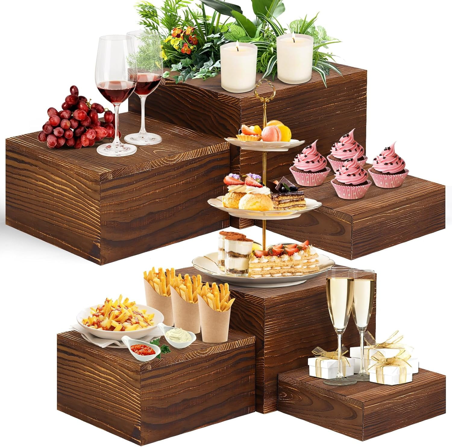 6 Pack Wooden Risers Display Stands Square Buffet Risers for Party Wood ...