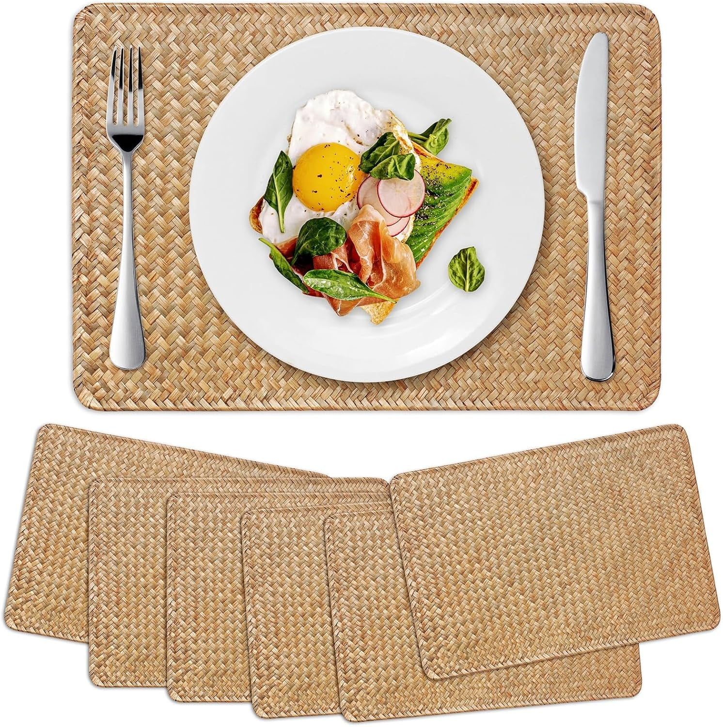 6 Pack Woven Placemats, Rectangular Rattan Place mats, Natural Seagrass ...