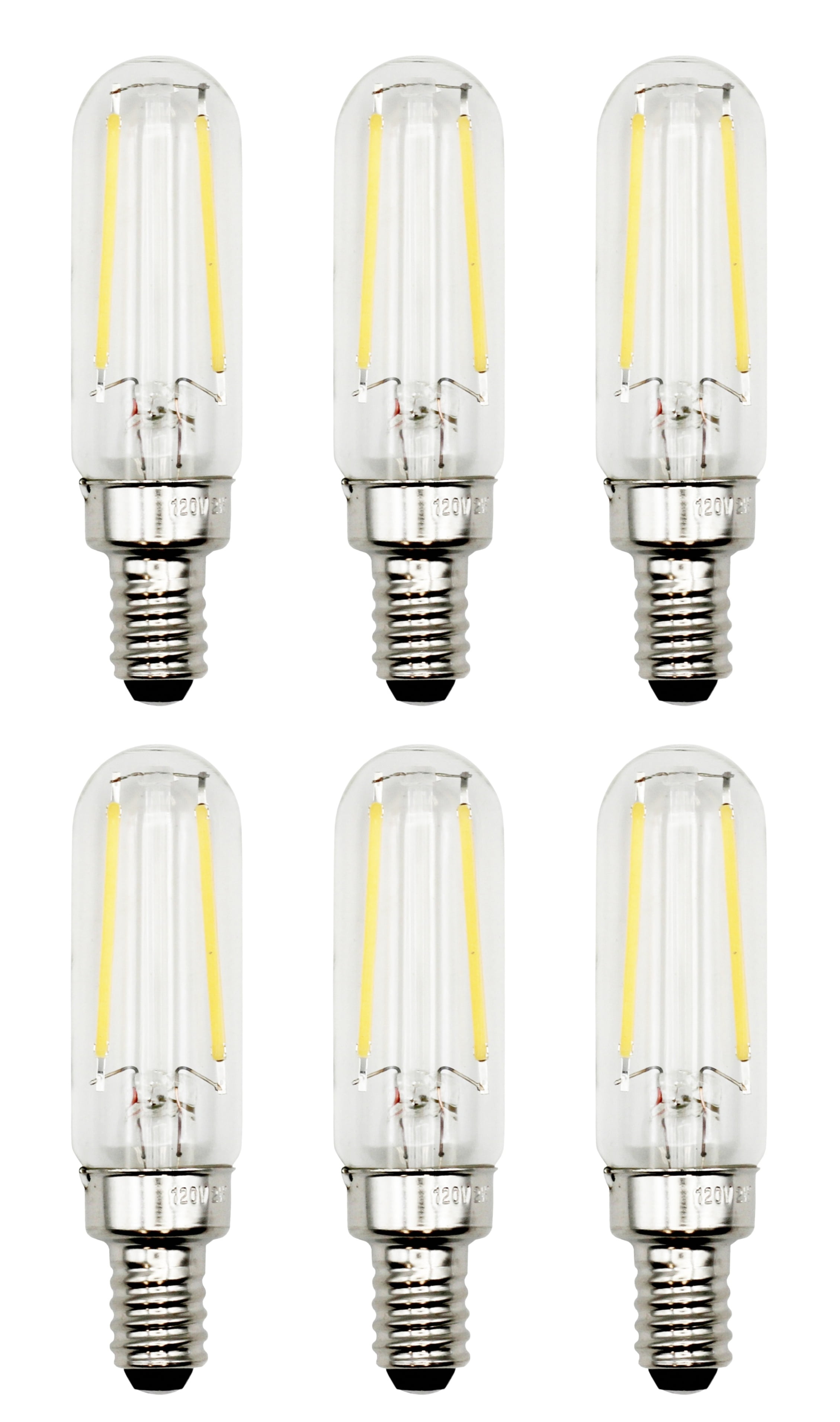 6 Pack of T6 LED Tubular Bulbs, 2W 120V, E12 Candelabra Base, Clear ...
