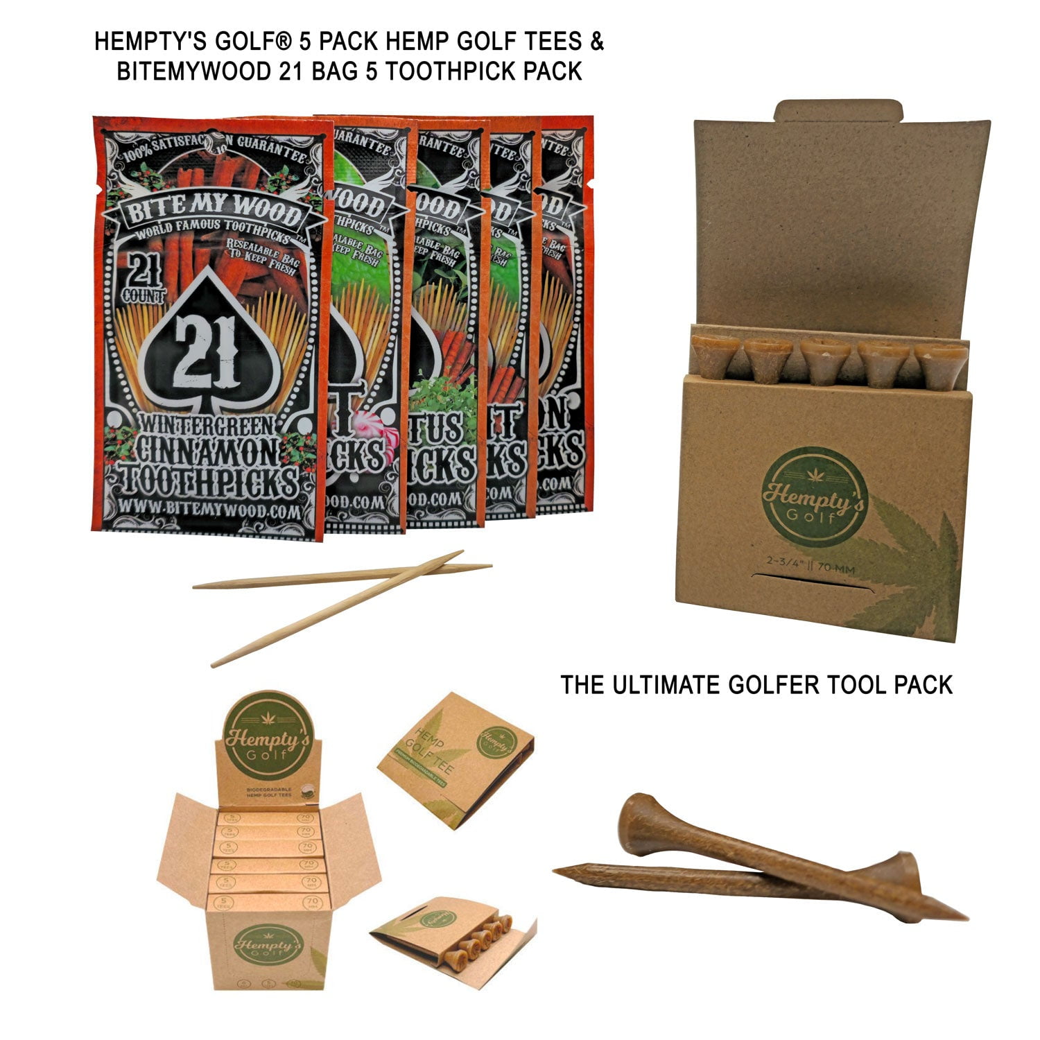 Hempty's Golf® 5 Pack Hemp Golf Tees & BiteMyWood 21 Bag 5 Toothpick ...
