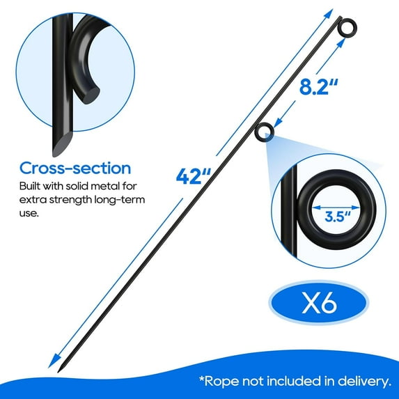 6 Packs 42" Tall Metal Rope Stakes with Pointed Ends Black Powder ...