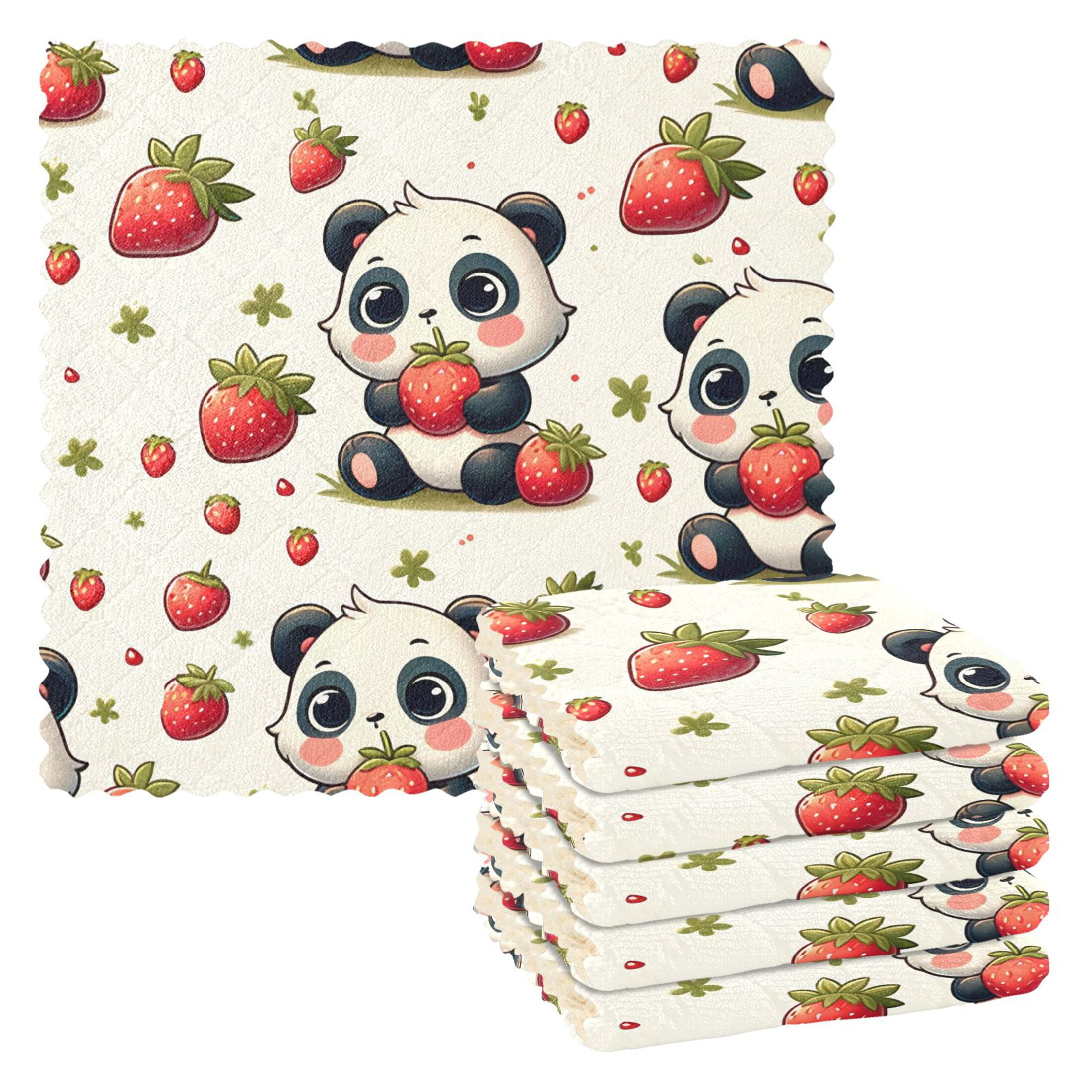 6 Packs Cute Pandas and Strawberries Kitchen Dish Towels Soft Absorbent ...
