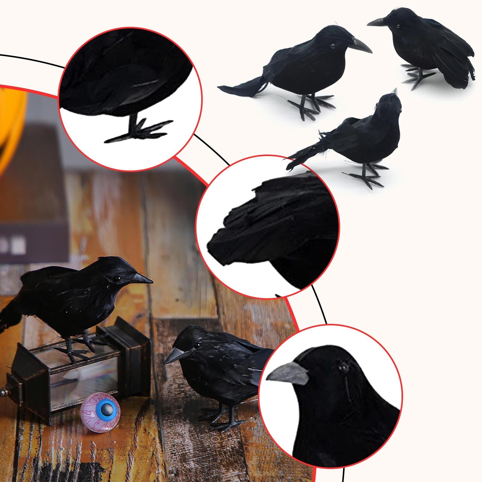 6 Packs Halloween Decor Realistic Crow, Black Feathered Standing Crows ...