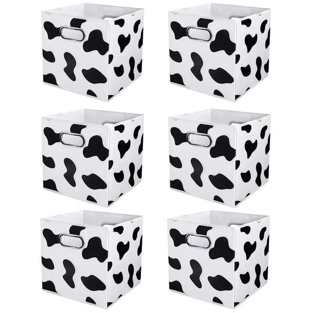 6 Packs Large Storage Bins Cubes Foldable Cow Print Boxes Fabric Cotton ...