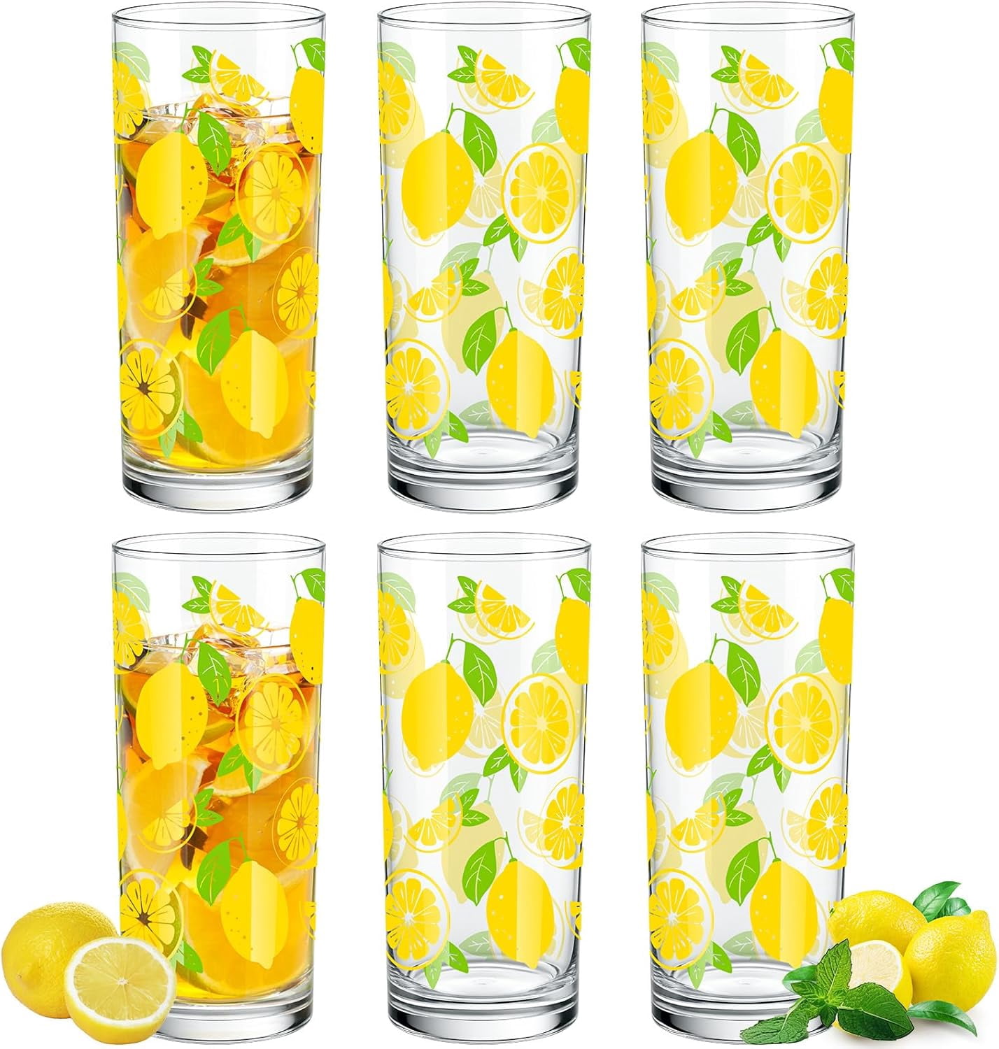 6 Packs Lemon Pattern Highball Glasses 10 oz Tall Lemon Drinking ...