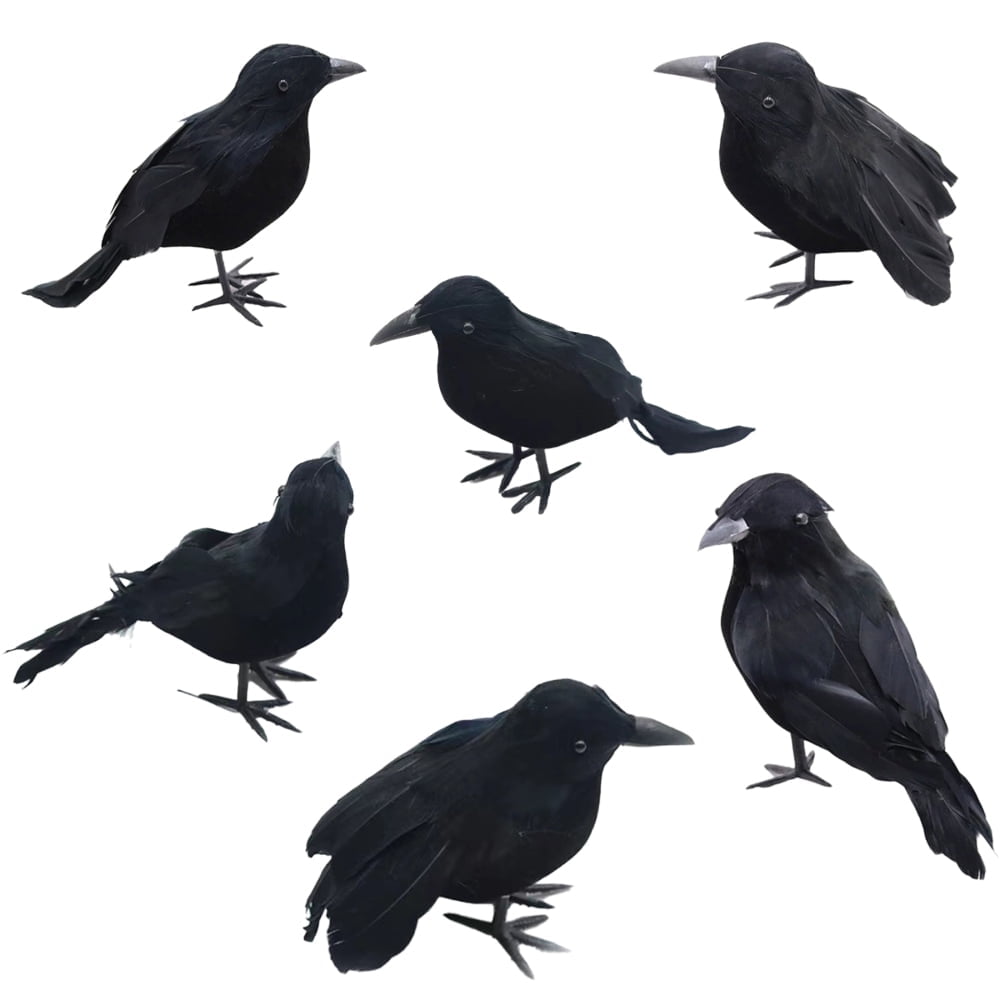 6 Packs Real Feathered Halloween Black Crows, Artificial Handmade ...