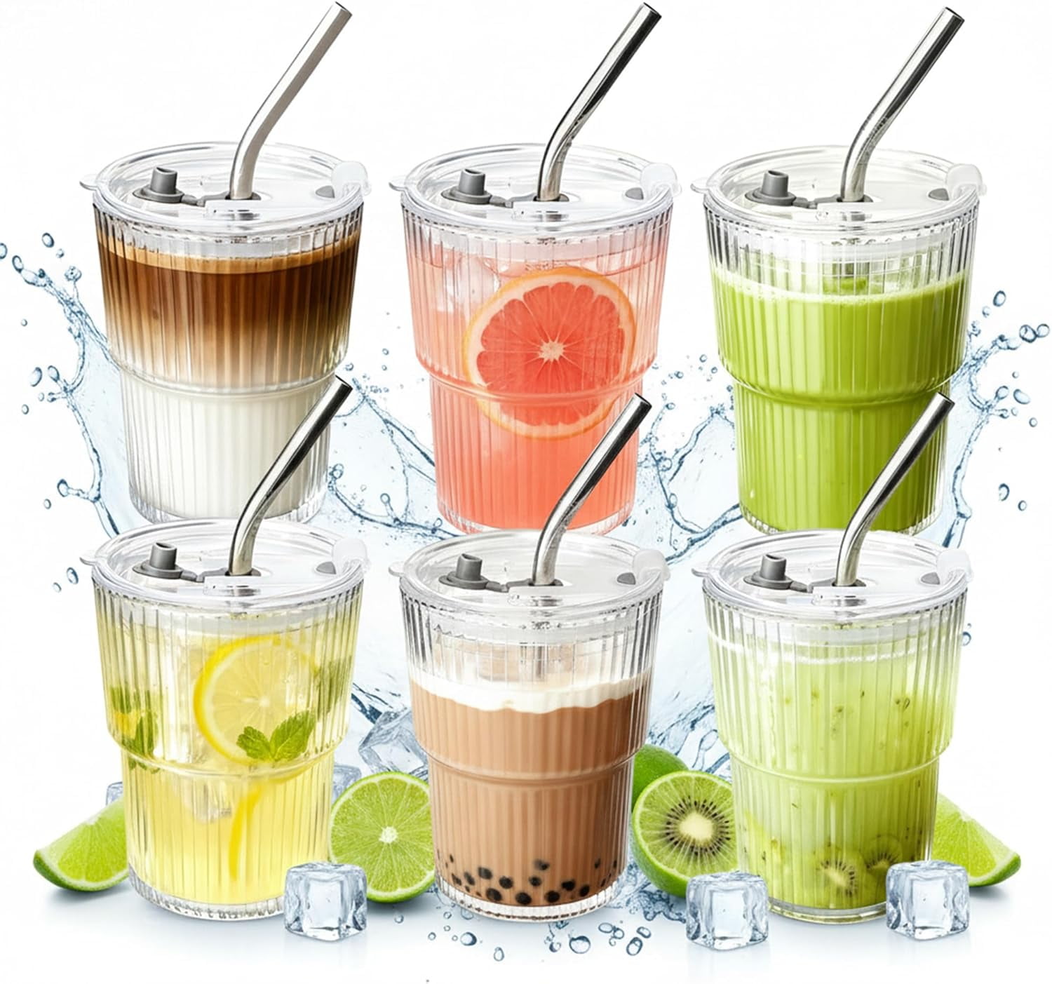 6 Packs Ribbed Glass Tumbler with Lid and Straw Ice Coffee Cup Employee ...