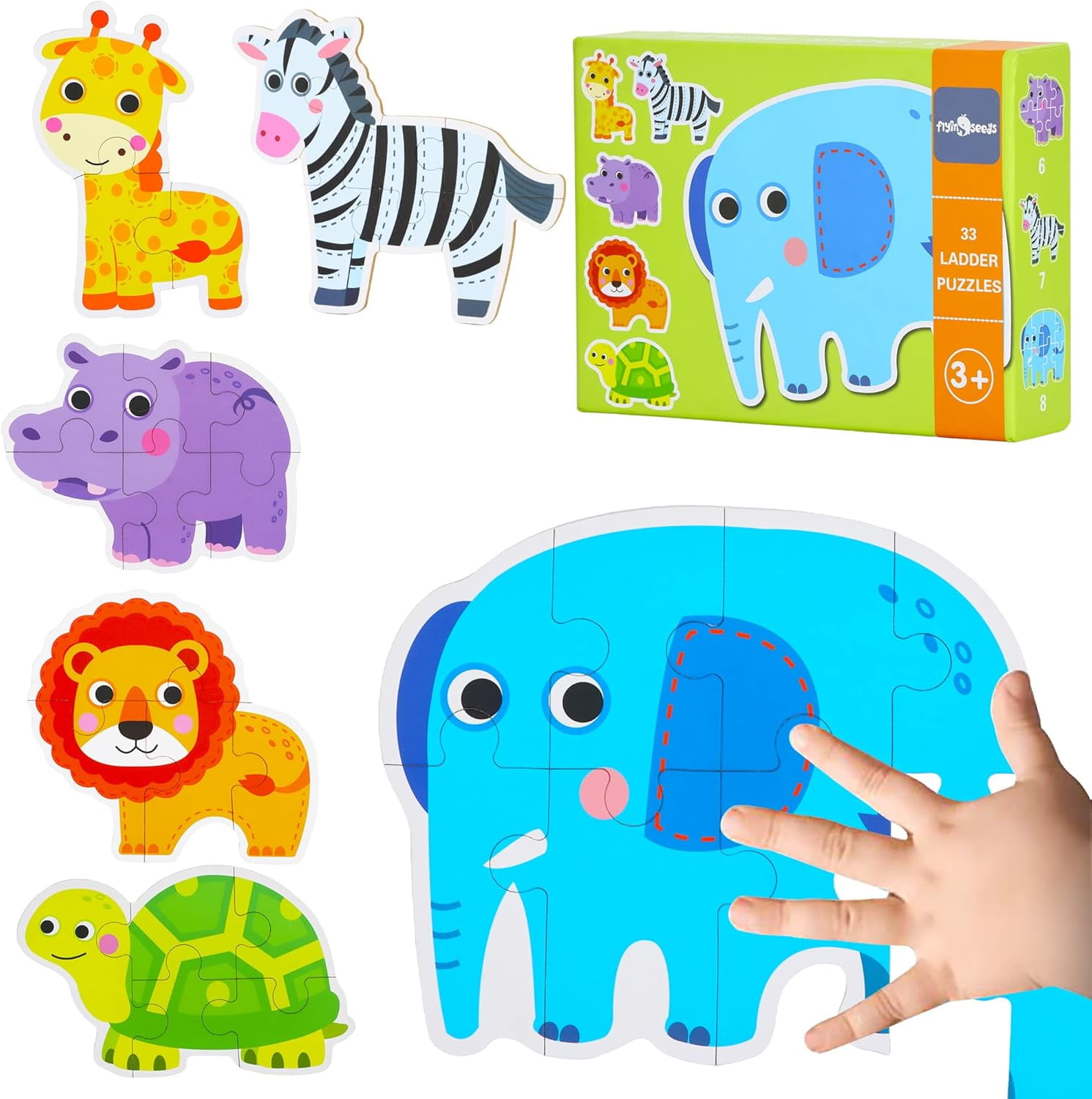 6 Packs Safari Animals Shaped Wooden Jigsaw Puzzles for Toddlers Ages 1 ...