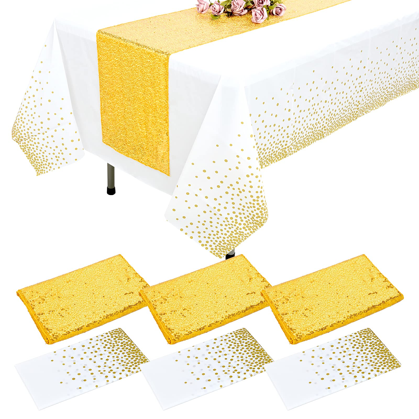 6 Packs Tablecloth and Sequin Table Runner Set Dots Confetti Disposable ...