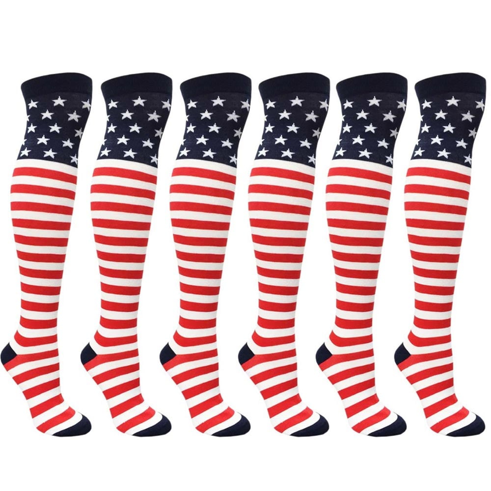 6 Pair American Flag Knee High Socks USA Women Girls Red White Blue ...