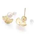 6 Pair Brass Ginkgo Leaf & Natural Pearl Stud Earrings with 925 ...
